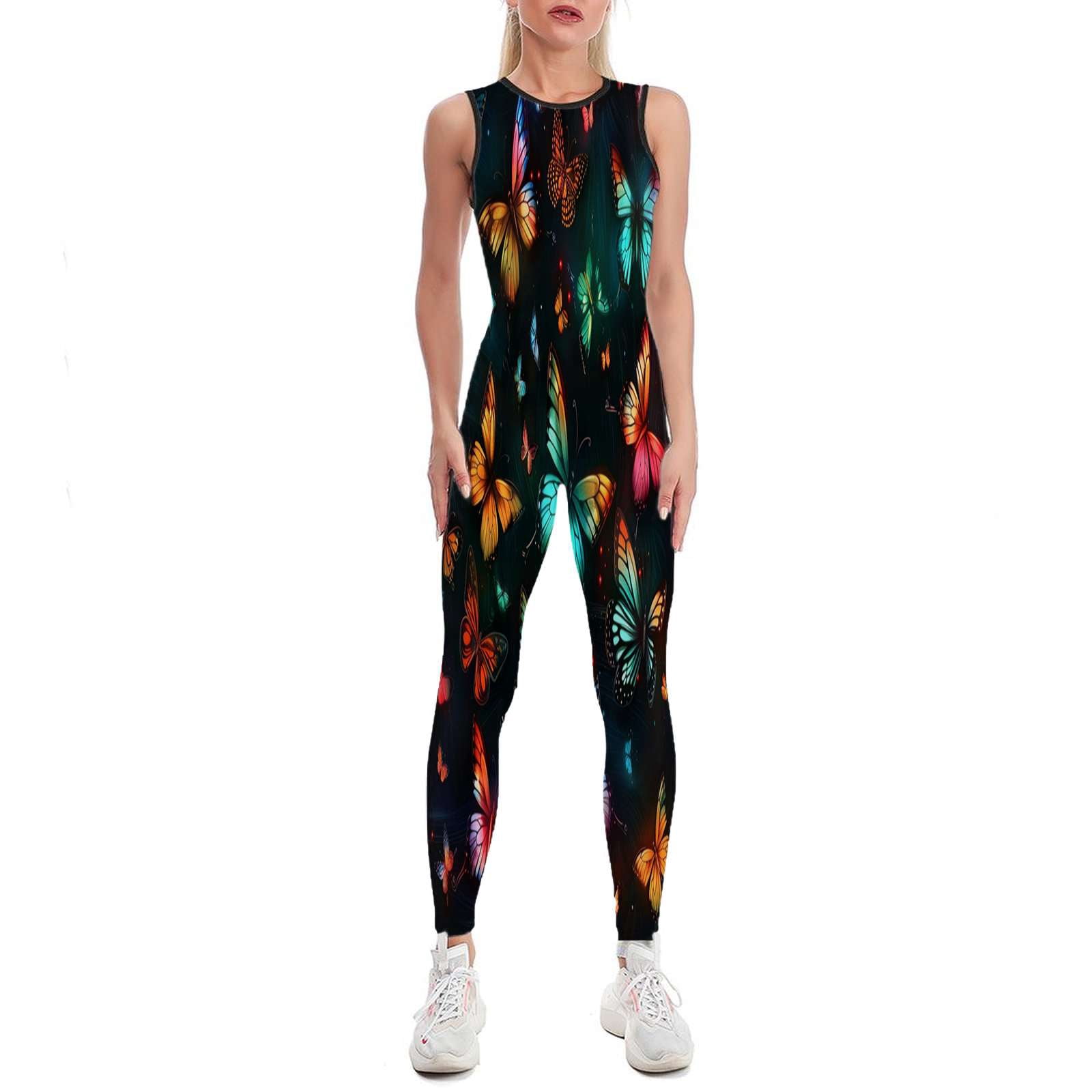 Colorful Glitter Butterflies Women's One Piece Yoga Jumpsuits Leggings ...