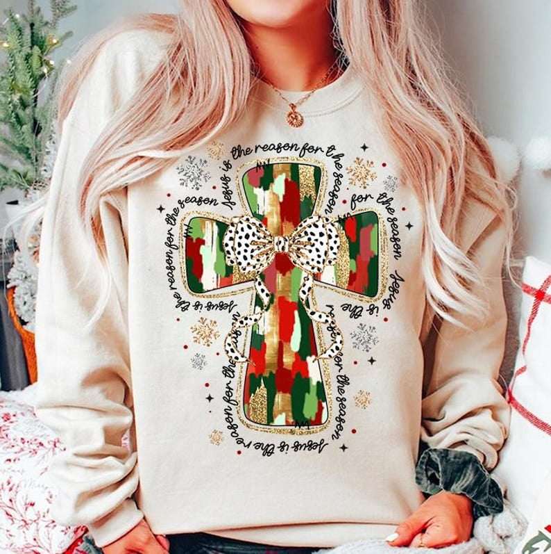 Colorful Glitter Jesus Cross Sweater, Coquette Bright Christmas Bow ...