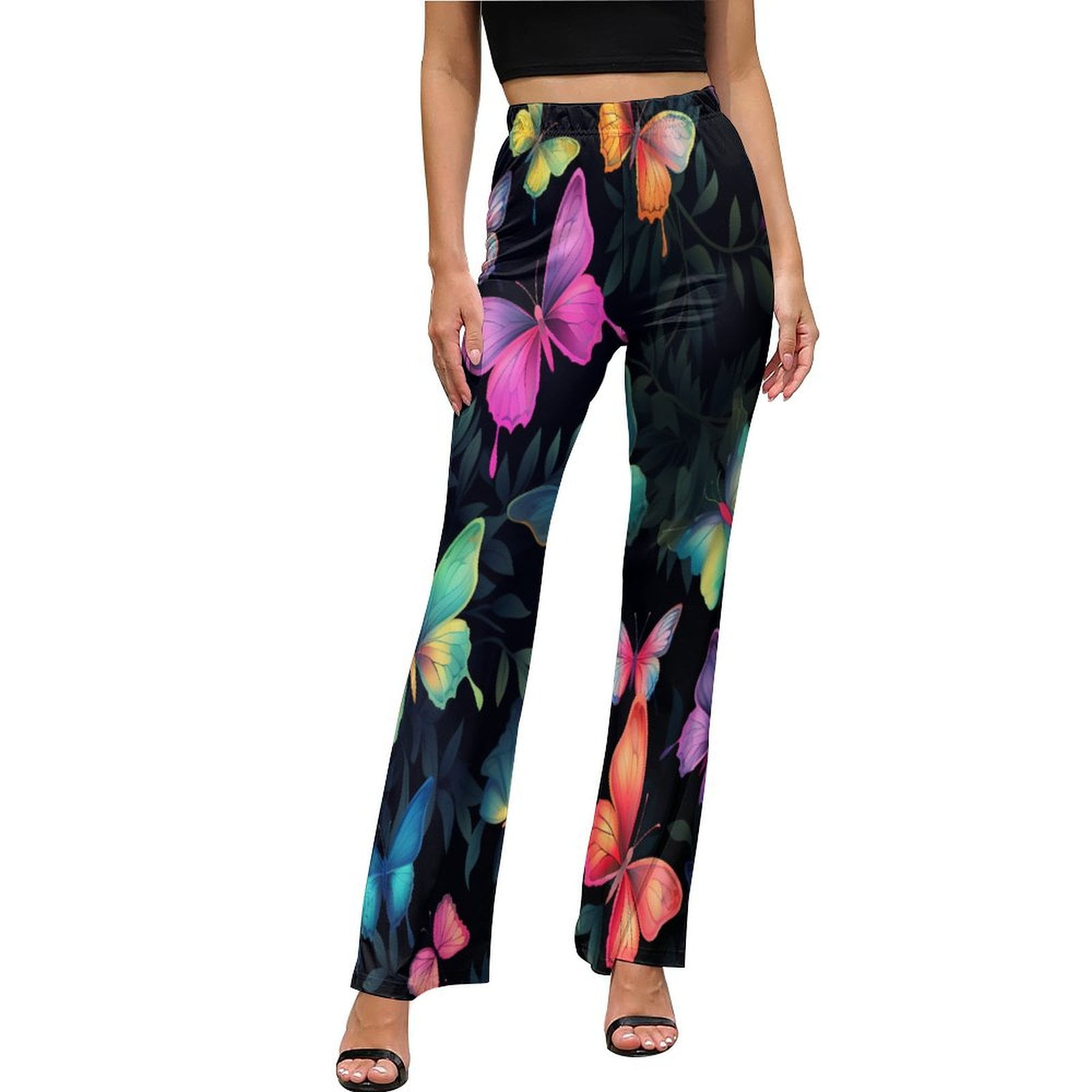 Colorful Glowing Butterfly High Waisted Casual Flared Trousers Summer ...