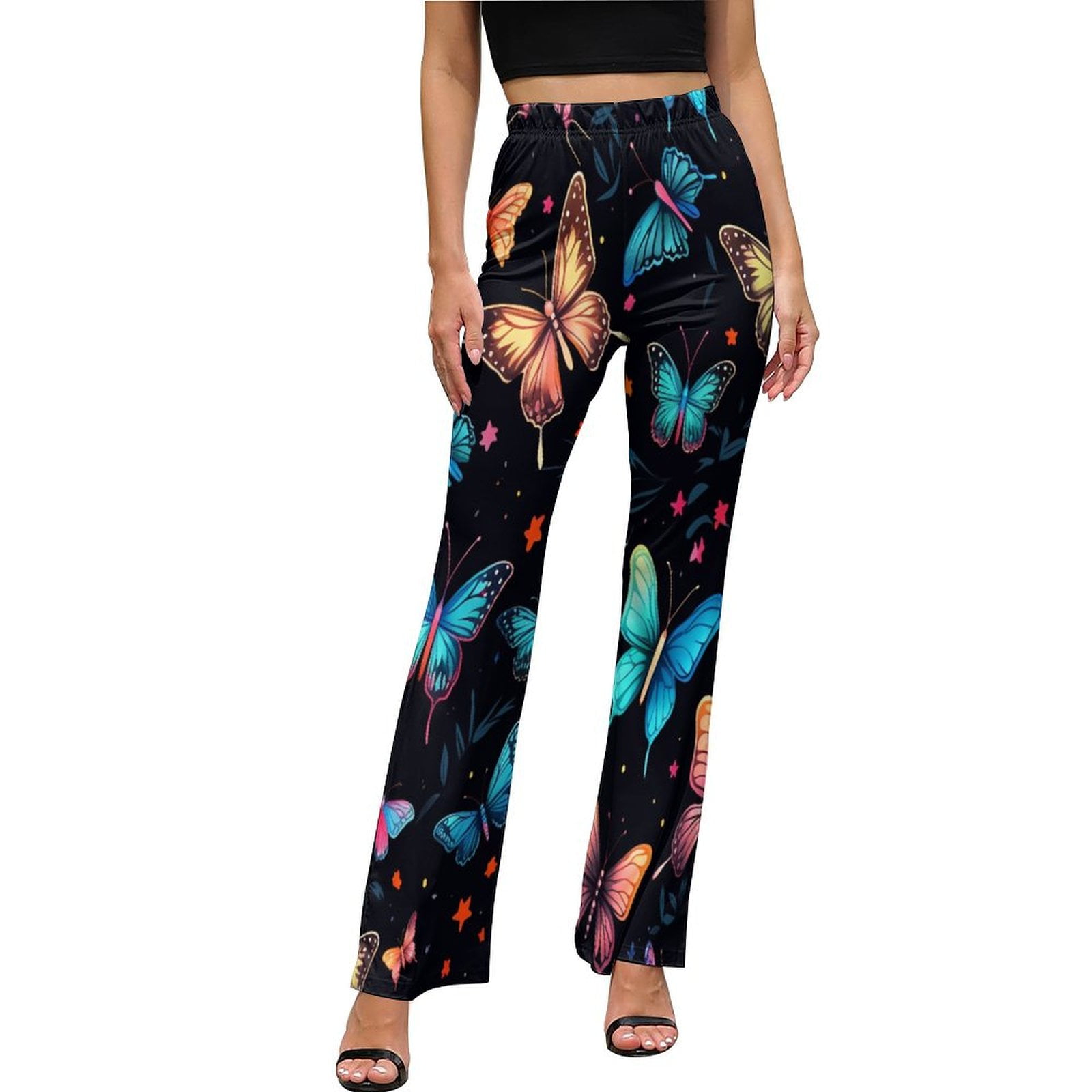 Colorful Glowing Butterfly High Waisted Casual Flared Trousers Summer ...
