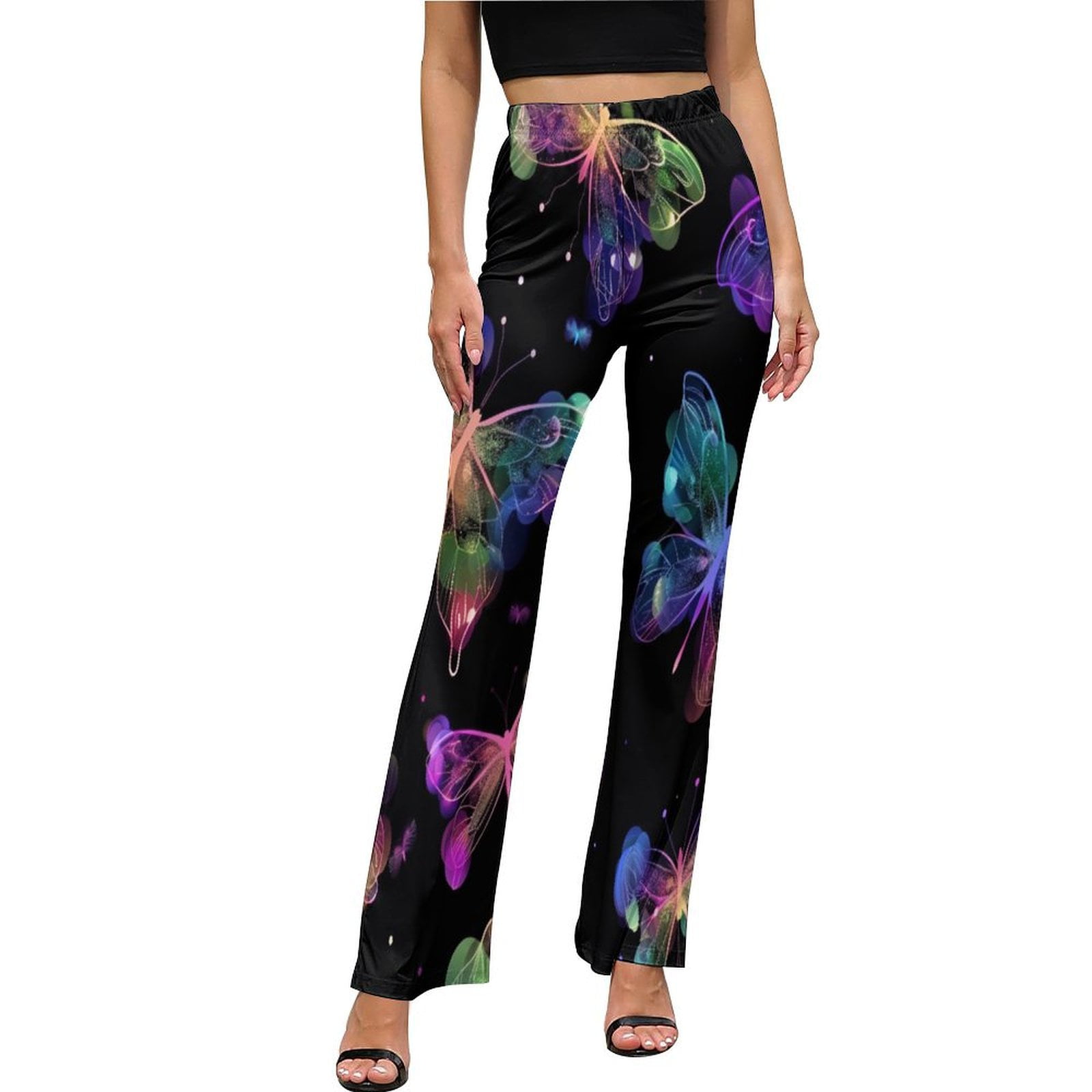 Colorful Glowing Butterfly High Waisted Casual Flared Trousers Summer ...