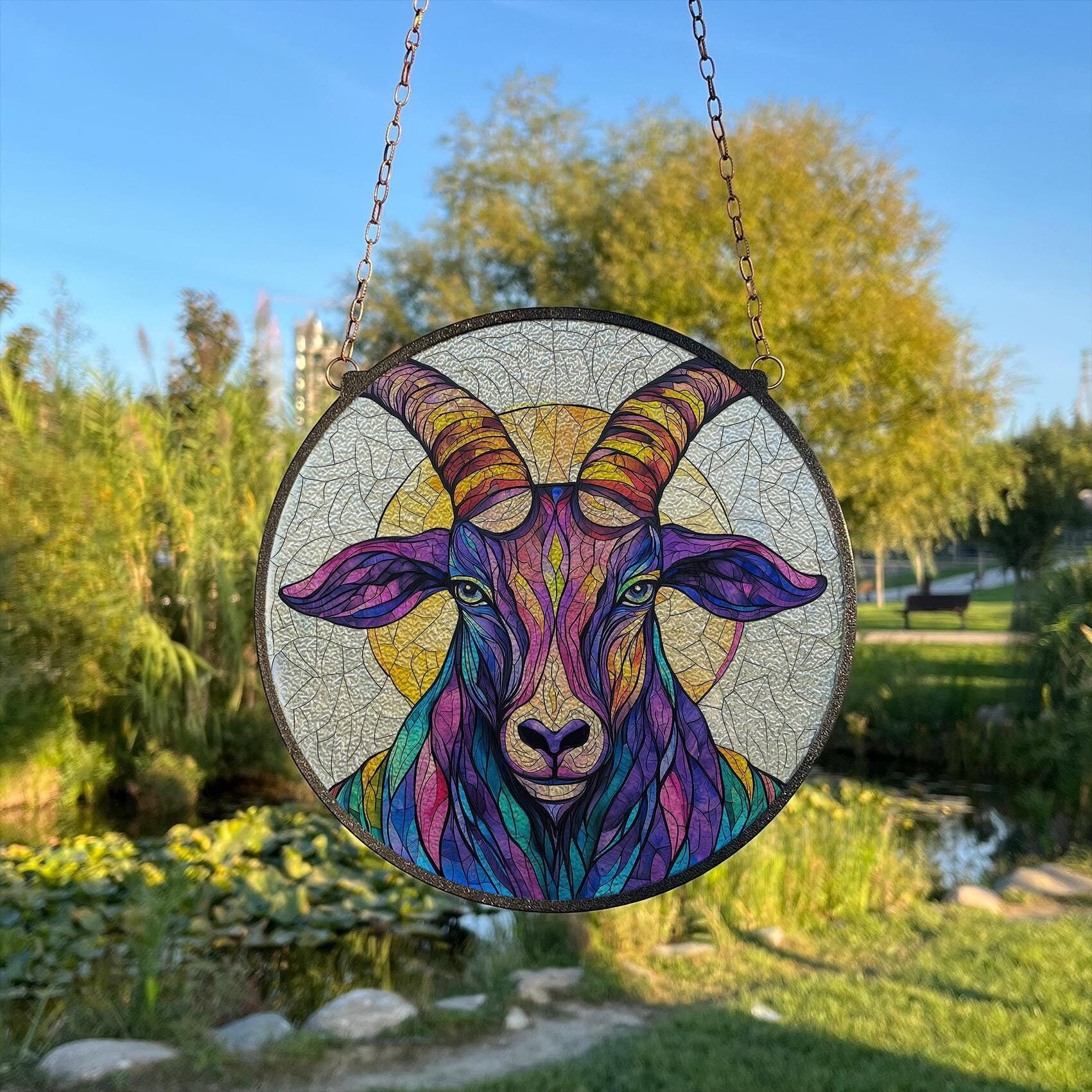 Colorful Goat Painted Stained Glass Suncatcher, Window Hanging Decor ...