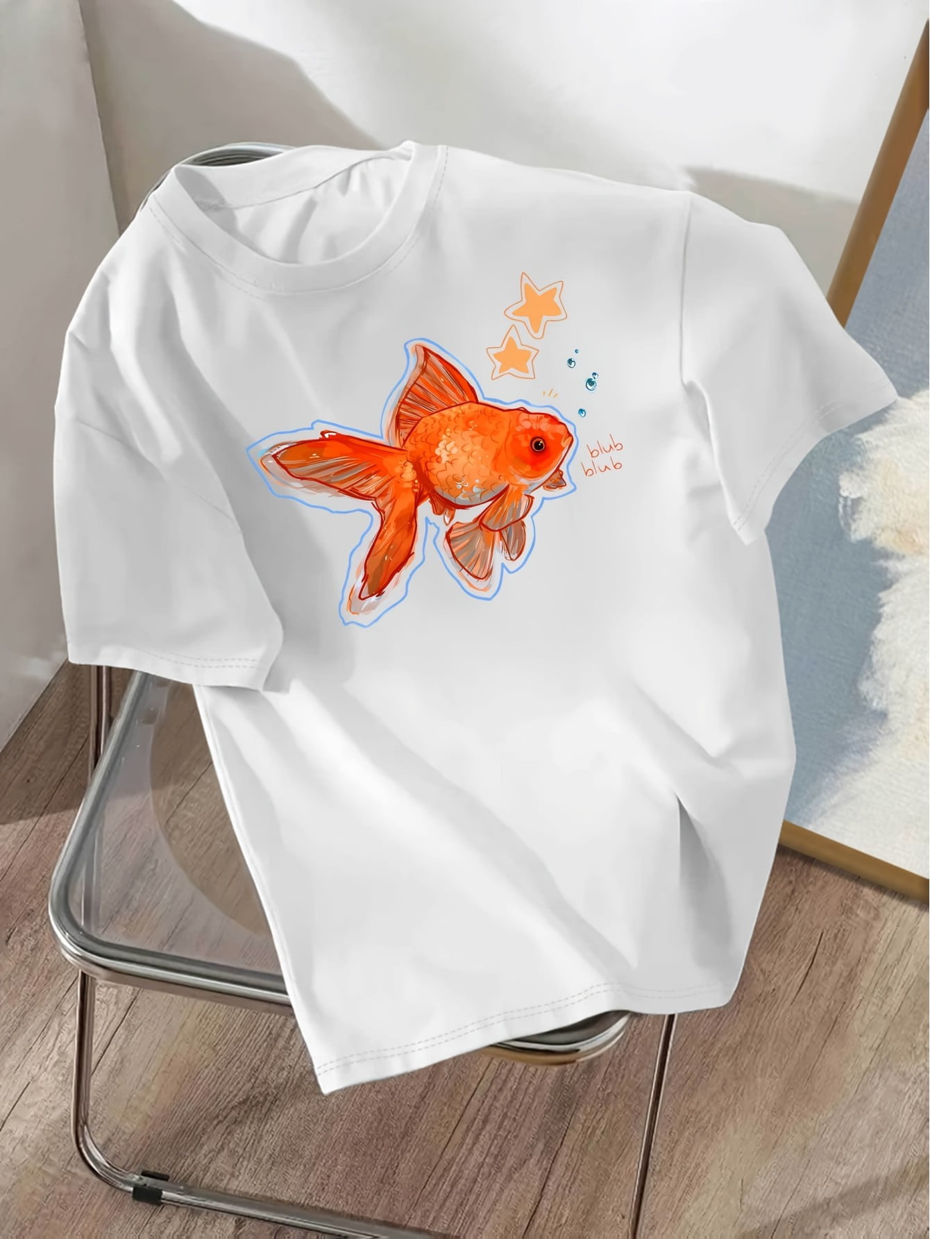 Colorful Goldfish Bubble and Star Printed T-Shirt - Casual Crew Neck ...
