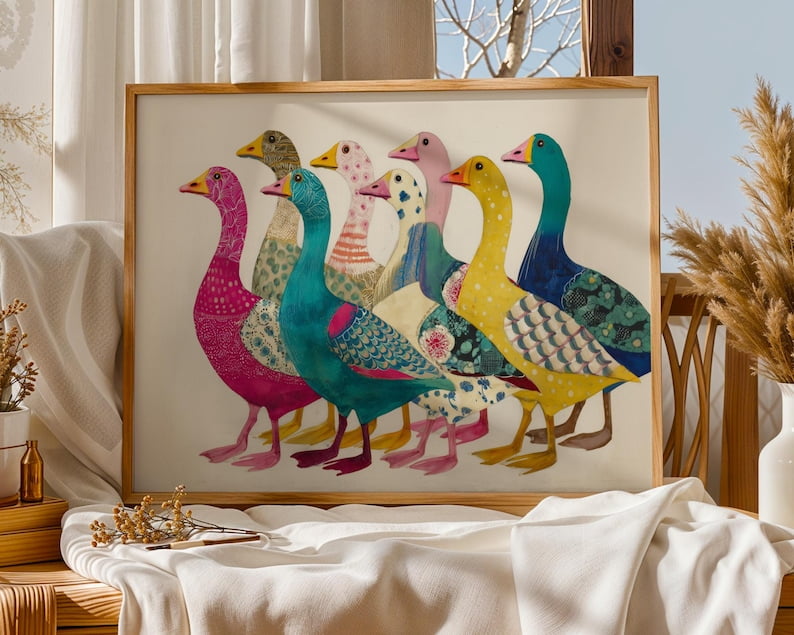 Colorful Goose Parade Art Print - Whimsical Animal Wall Decor, Funky ...