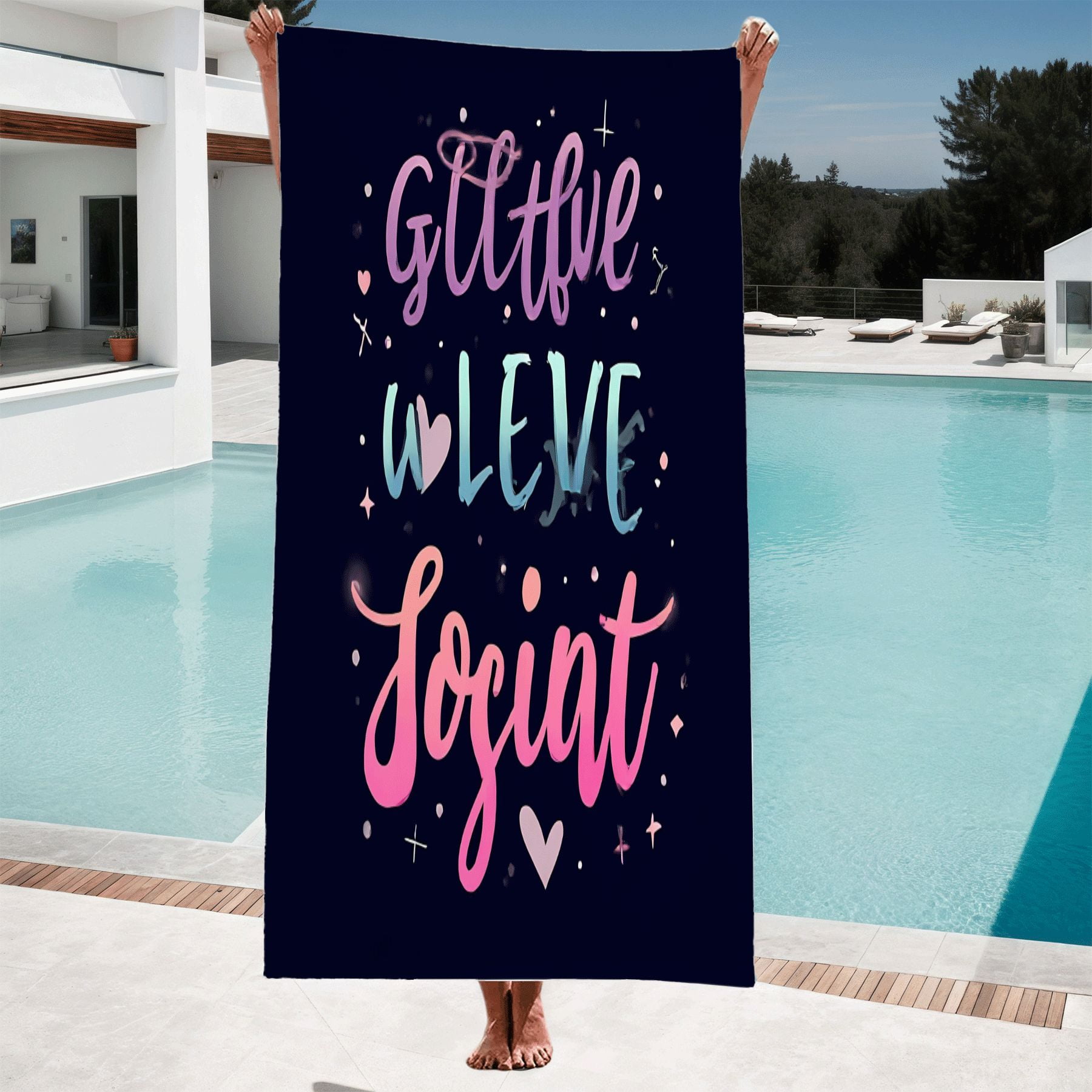 Colorful Gradient Beach Towel - Playful Pink & Blue Design with Hearts ...
