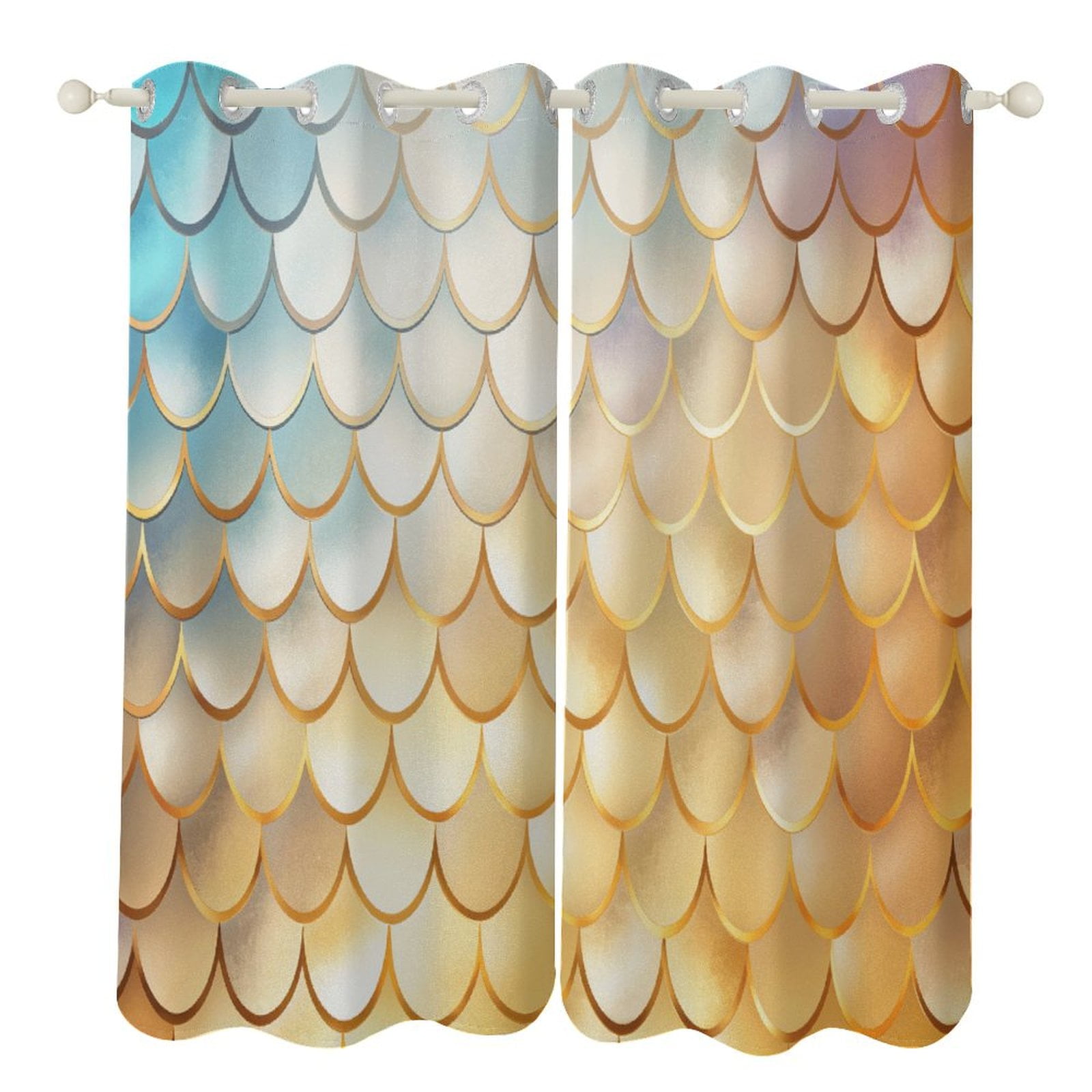 Colorful Gradient Fish Scale Texture Mermaid 2 Panel Curtain Set ...