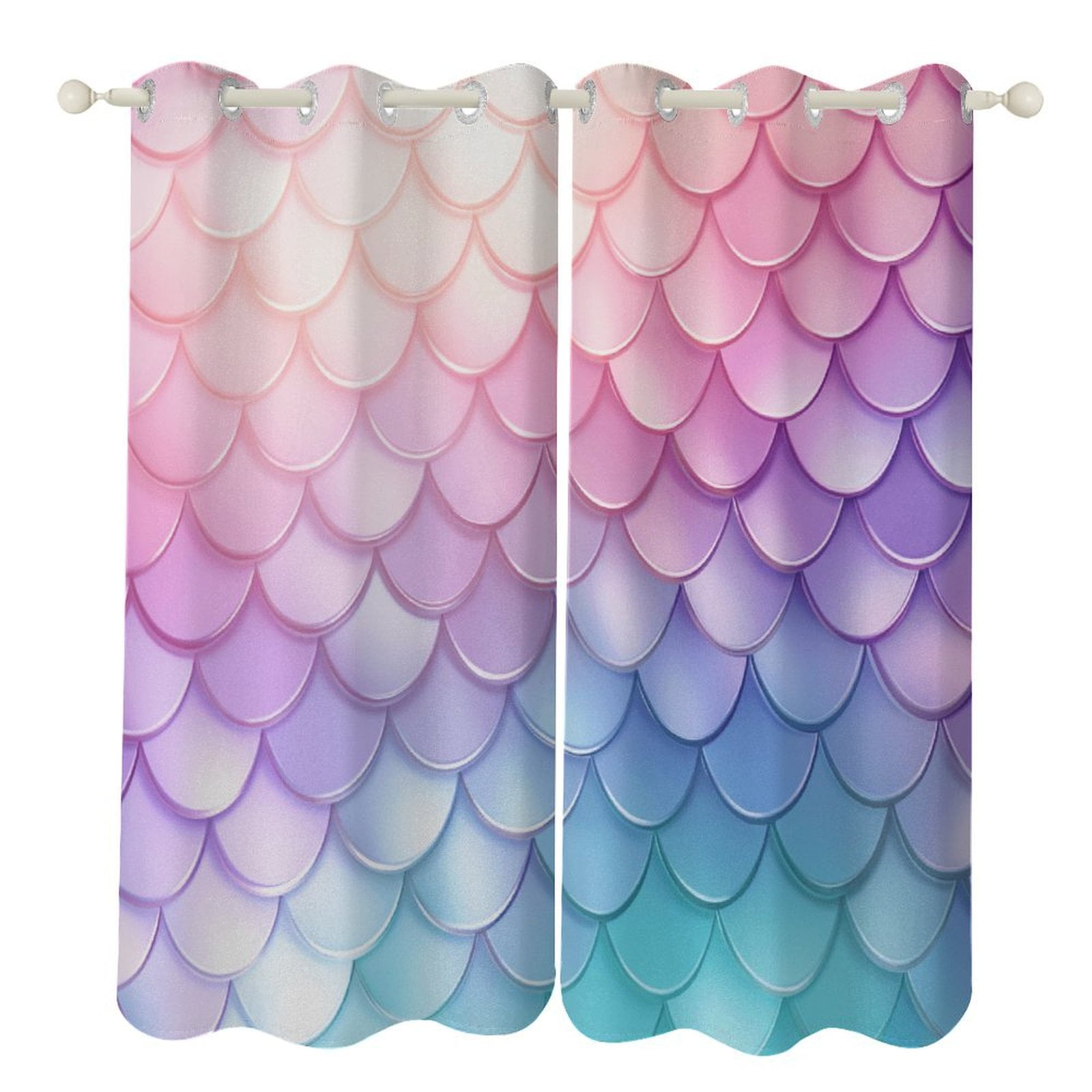 Colorful Gradient Fish Scale Texture Mermaid 2 Panel Curtain Set ...