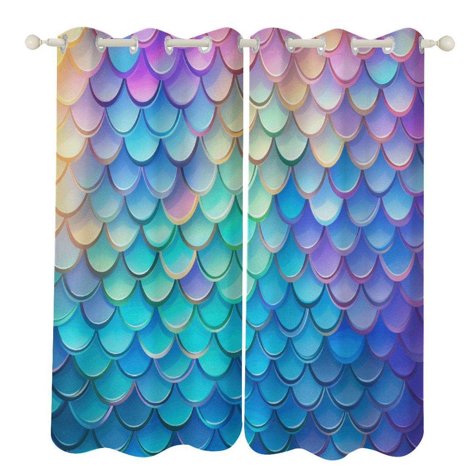 Colorful Gradient Fish Scale Texture Mermaid 2 Panel Curtain Set ...