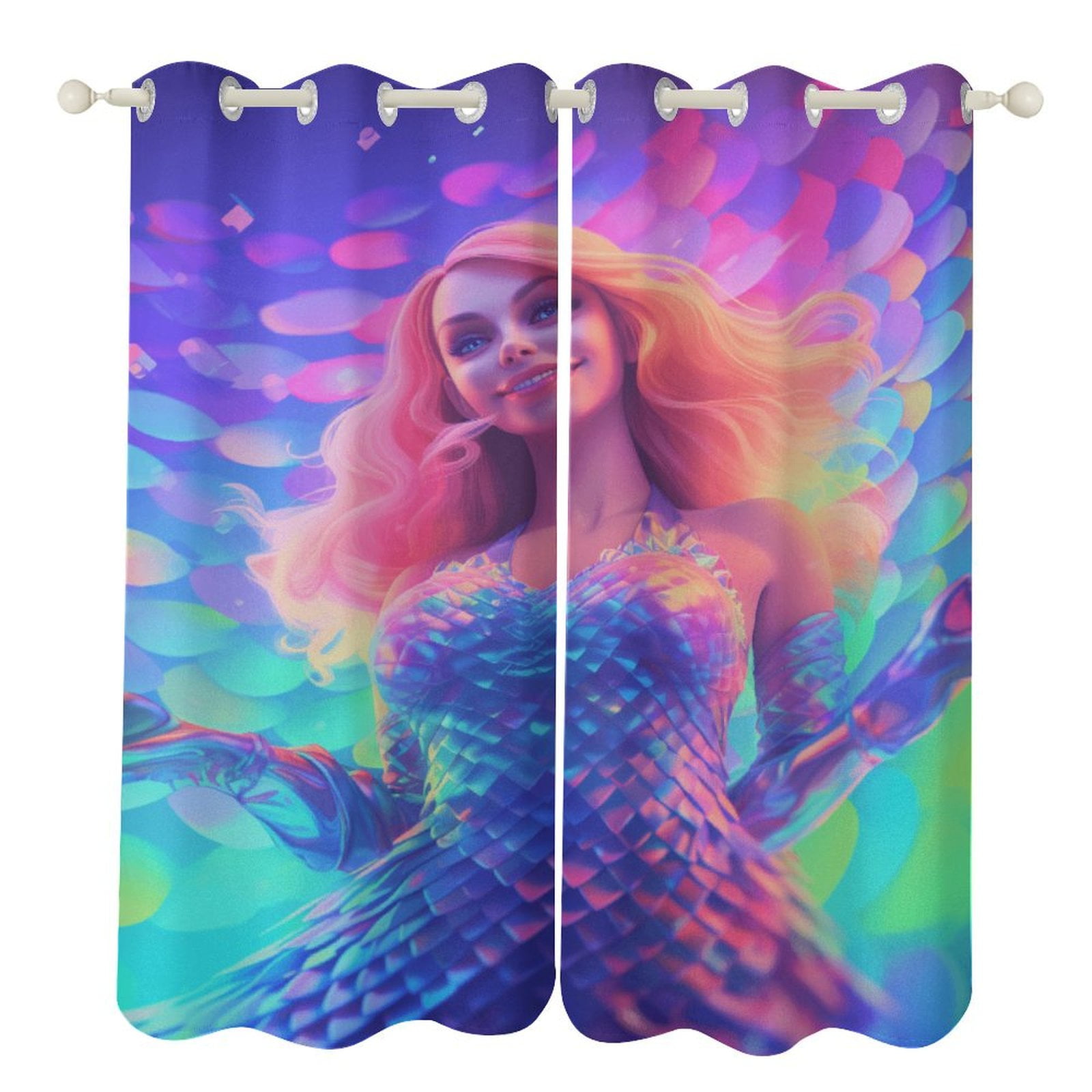 Colorful Gradient Fish Scale Texture Mermaid 2 Panel Curtain Set ...