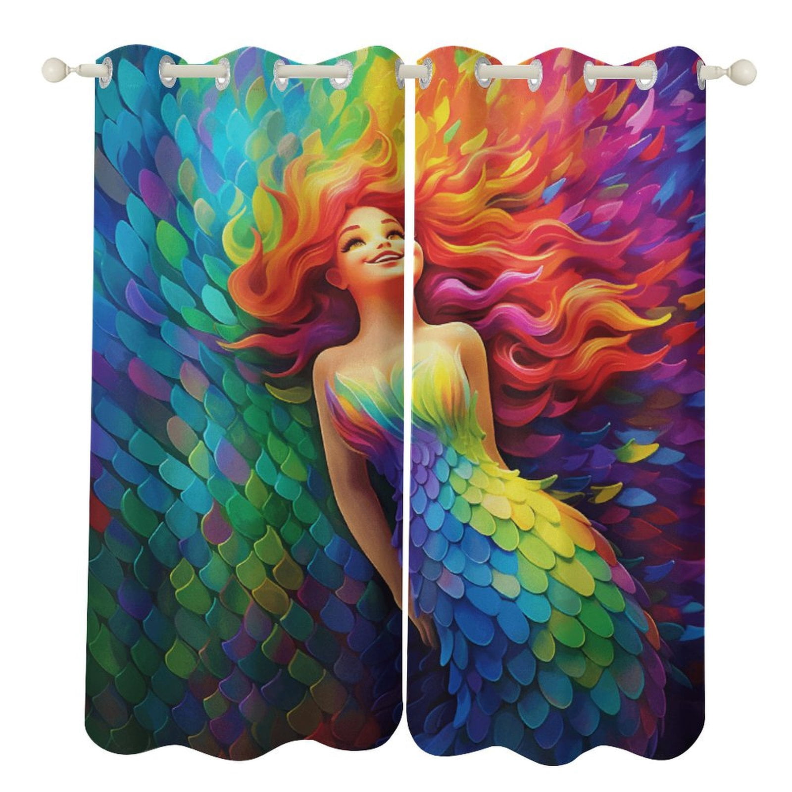 Colorful Gradient Fish Scale Texture Mermaid 2 Panel Curtain Set ...