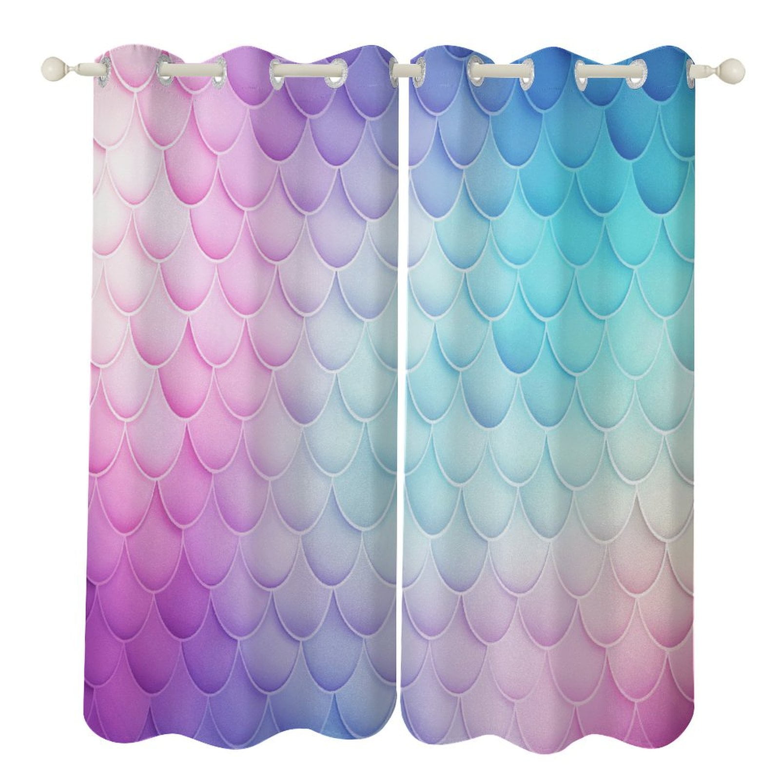 Colorful Gradient Fish Scale Texture Mermaid 2 Panel Curtain Set ...