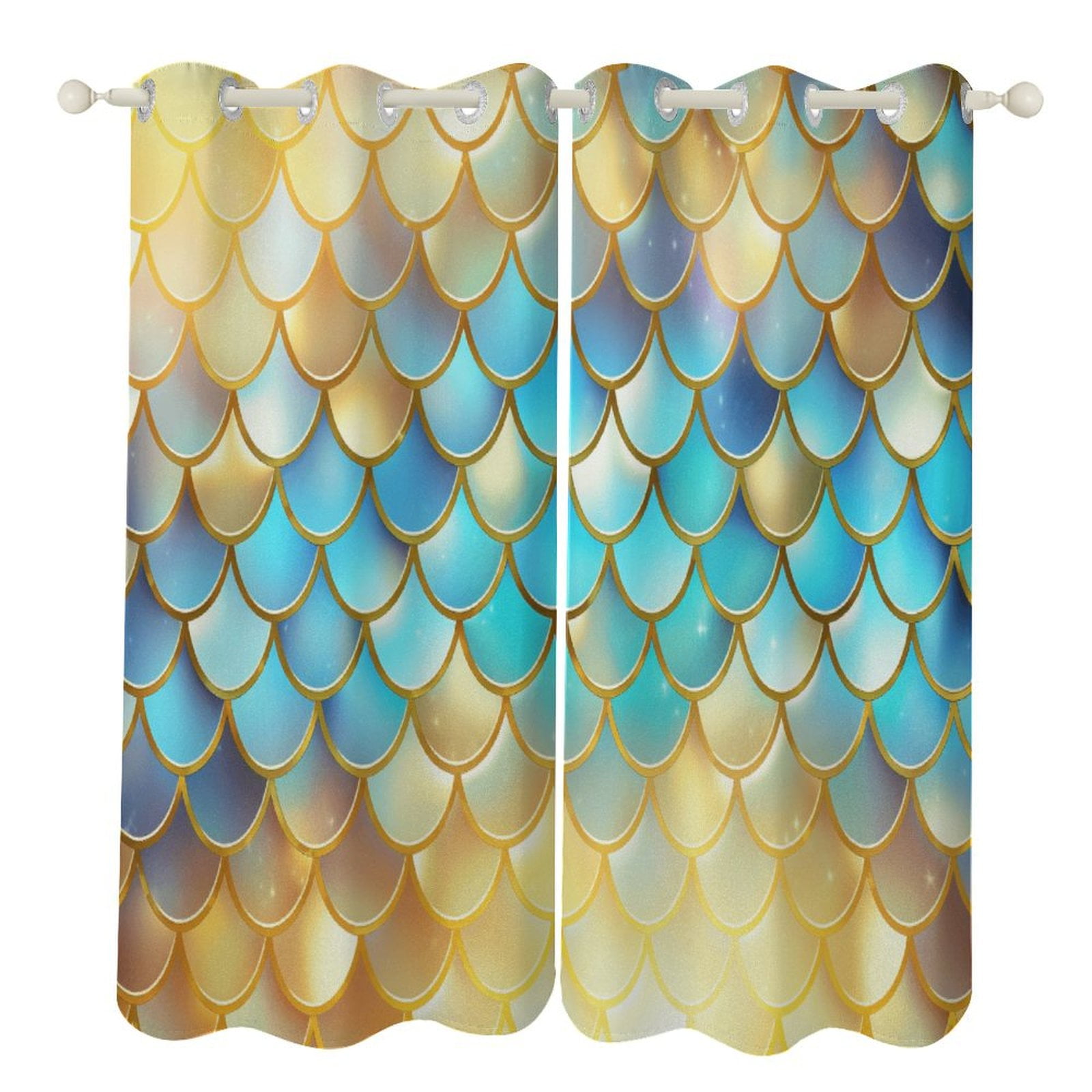 Colorful Gradient Fish Scale Texture Mermaid 2 Panel Curtain Set ...