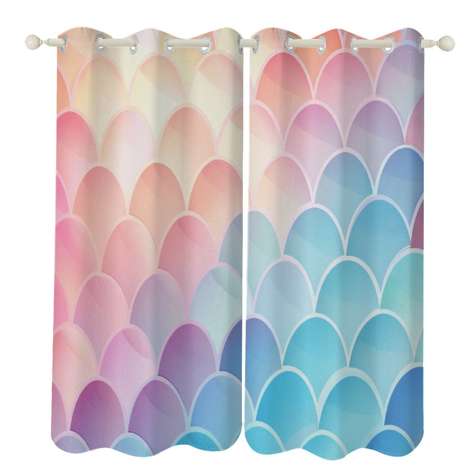 Colorful Gradient Fish Scale Texture Mermaid 2 Panel Curtain Set ...