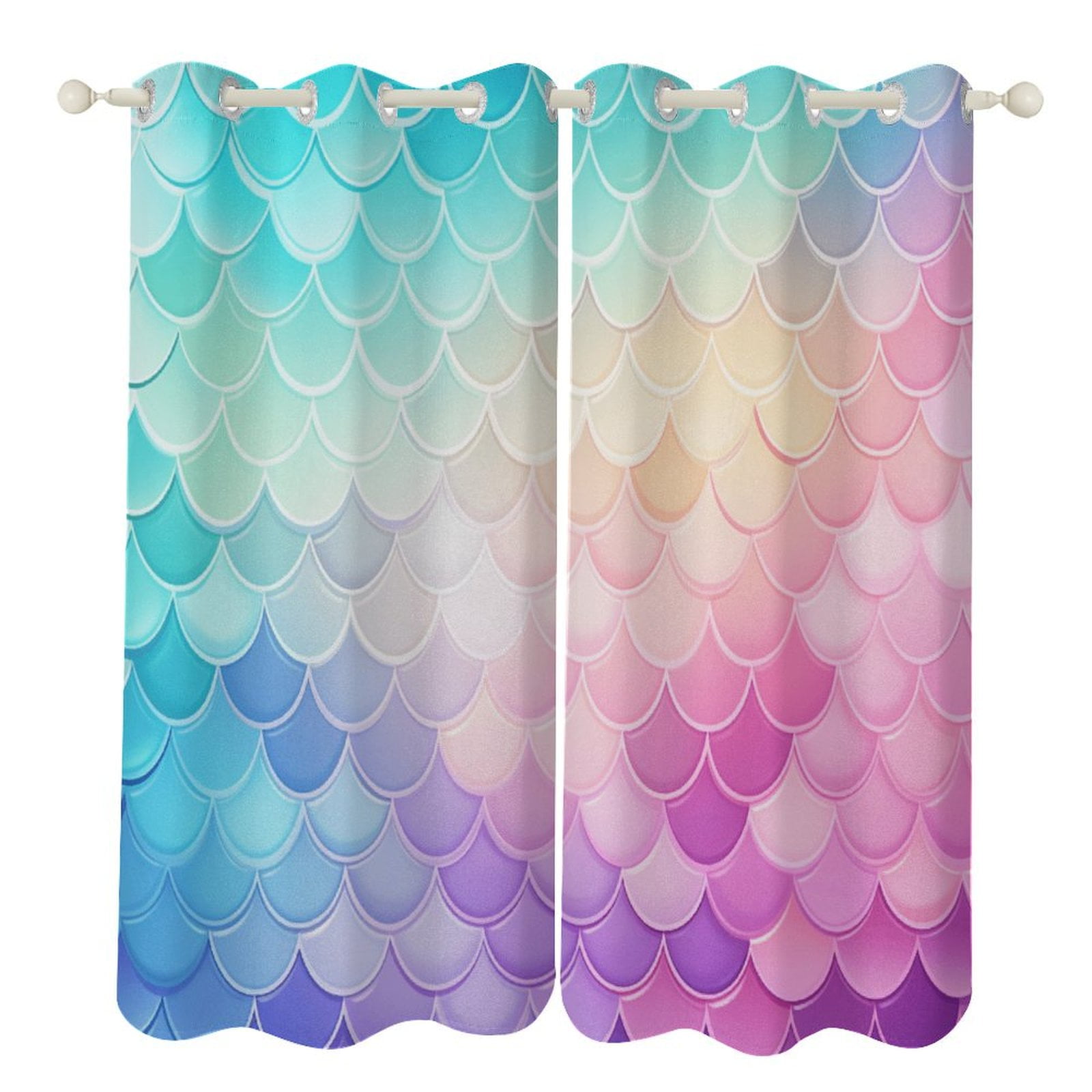 Colorful Gradient Fish Scale Texture Mermaid 2 Panel Curtain Set ...
