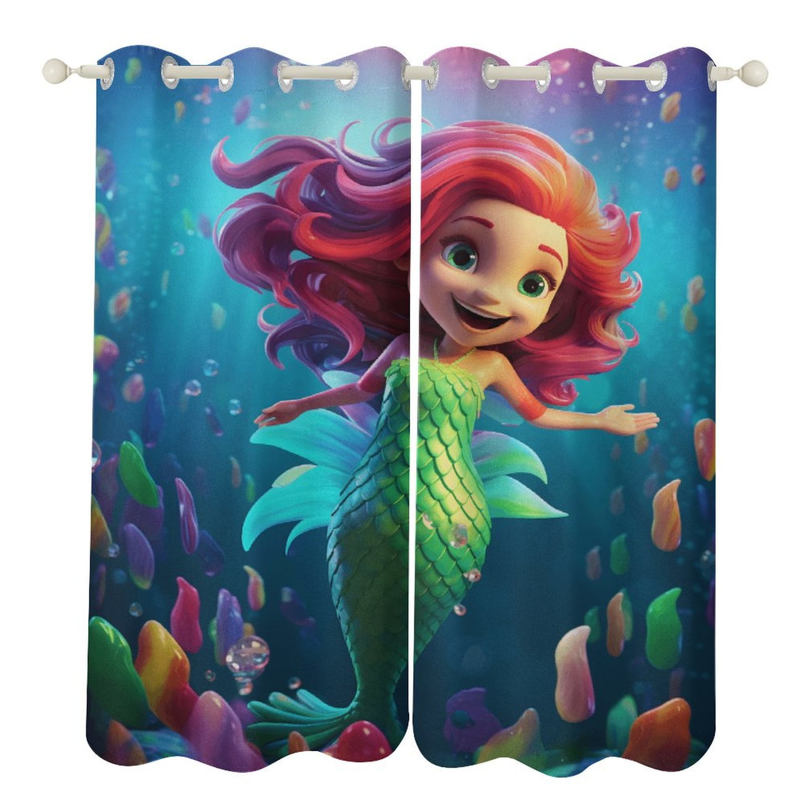 Colorful Gradient Fish Scale Texture Mermaid 2 Panel Curtain Set ...