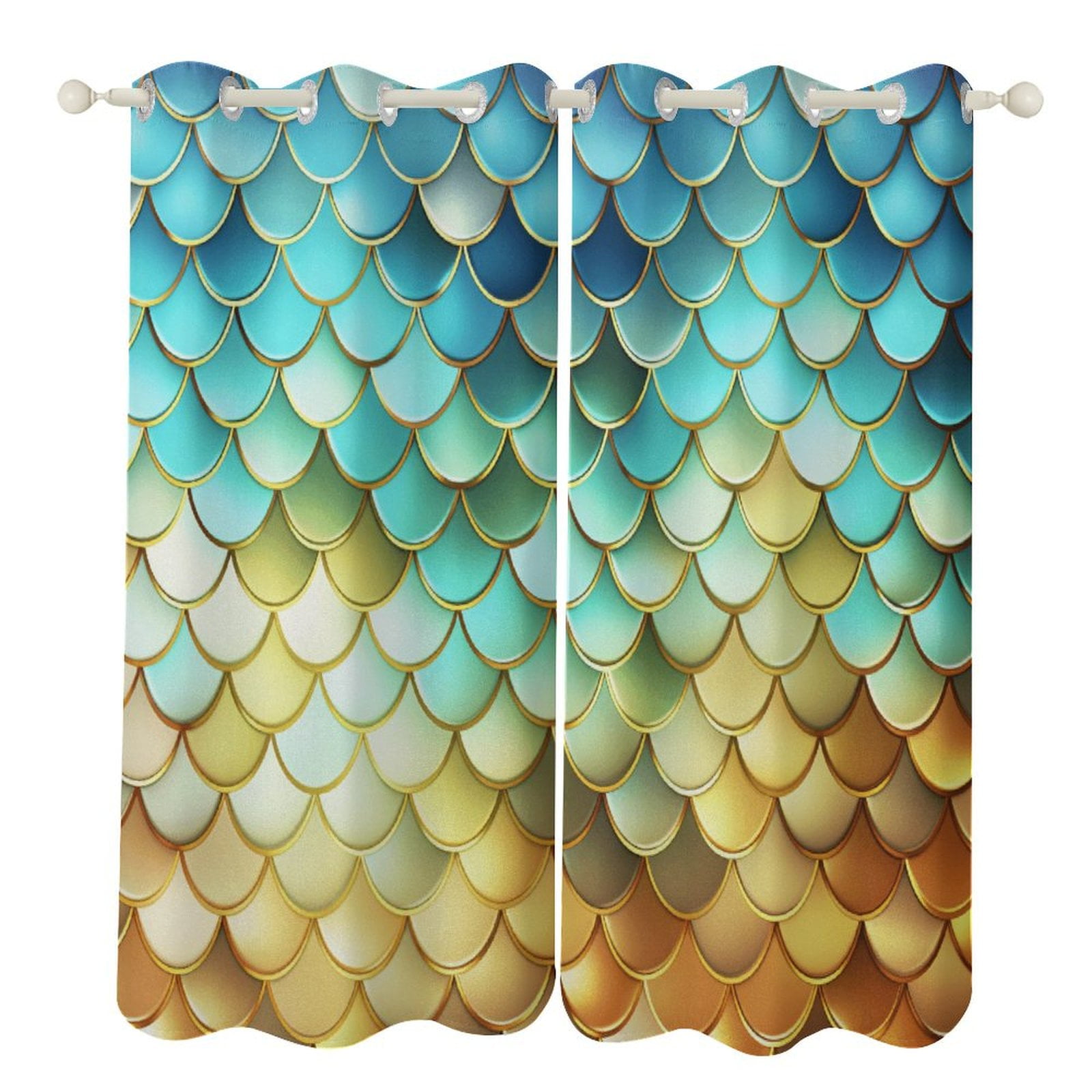 Colorful Gradient Fish Scale Texture Mermaid 2 Panel Curtain Set ...