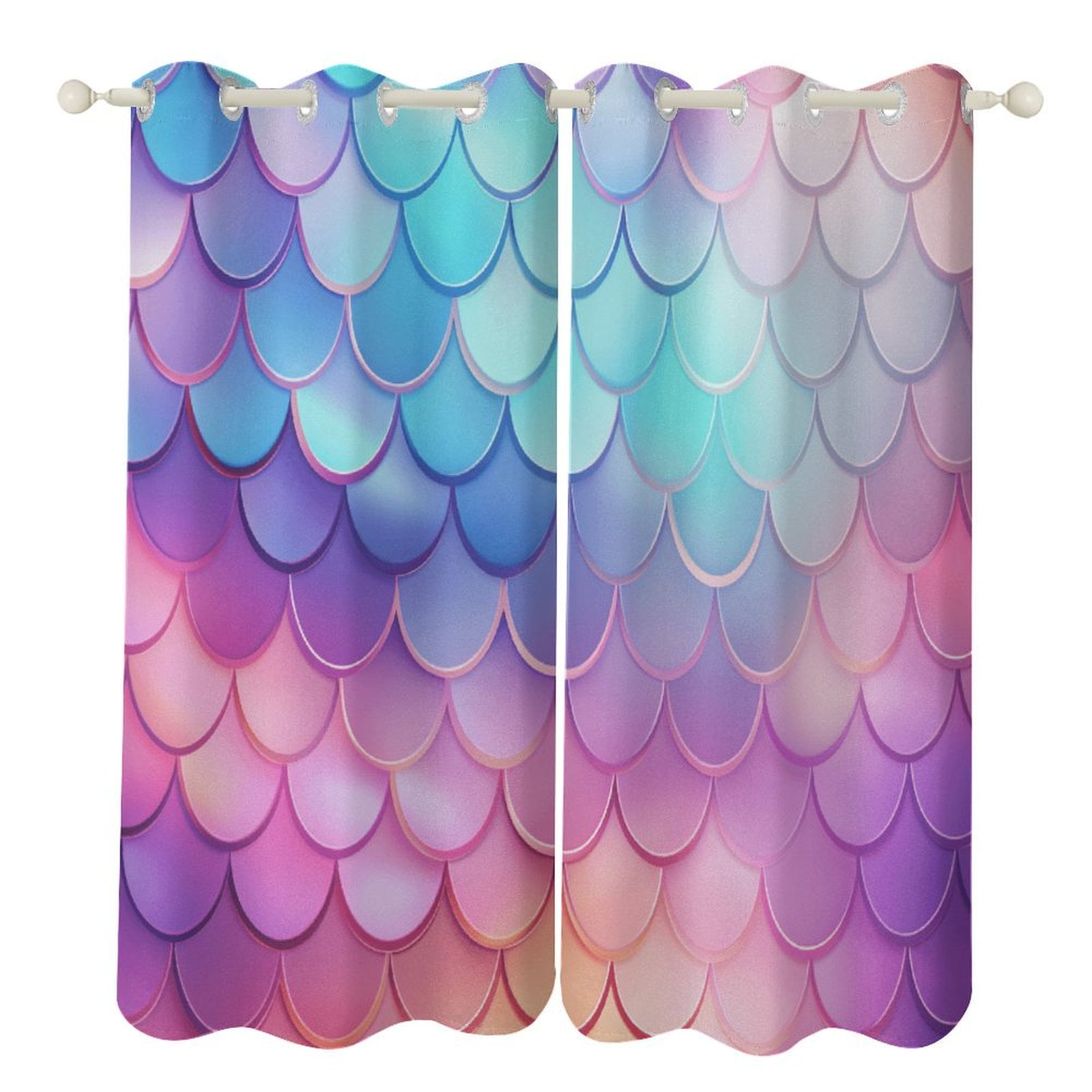 Colorful Gradient Fish Scale Texture Mermaid 2 Panel Curtain Set ...