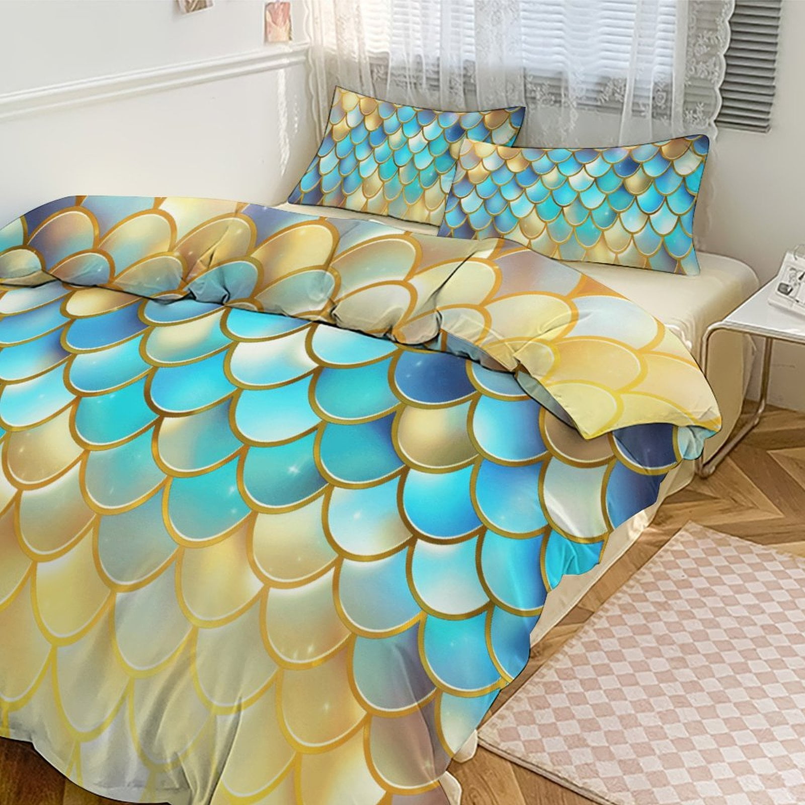 Colorful Gradient Fish Scale Texture Mermaid 3D Duvet Cover Set Quilt ...