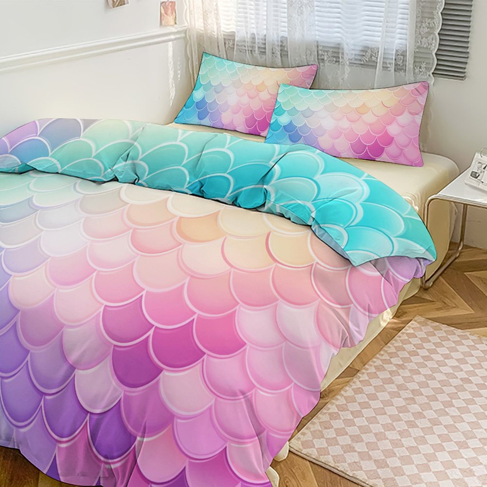 Colorful Gradient Fish Scale Texture Mermaid 3D Duvet Cover Set Quilt ...