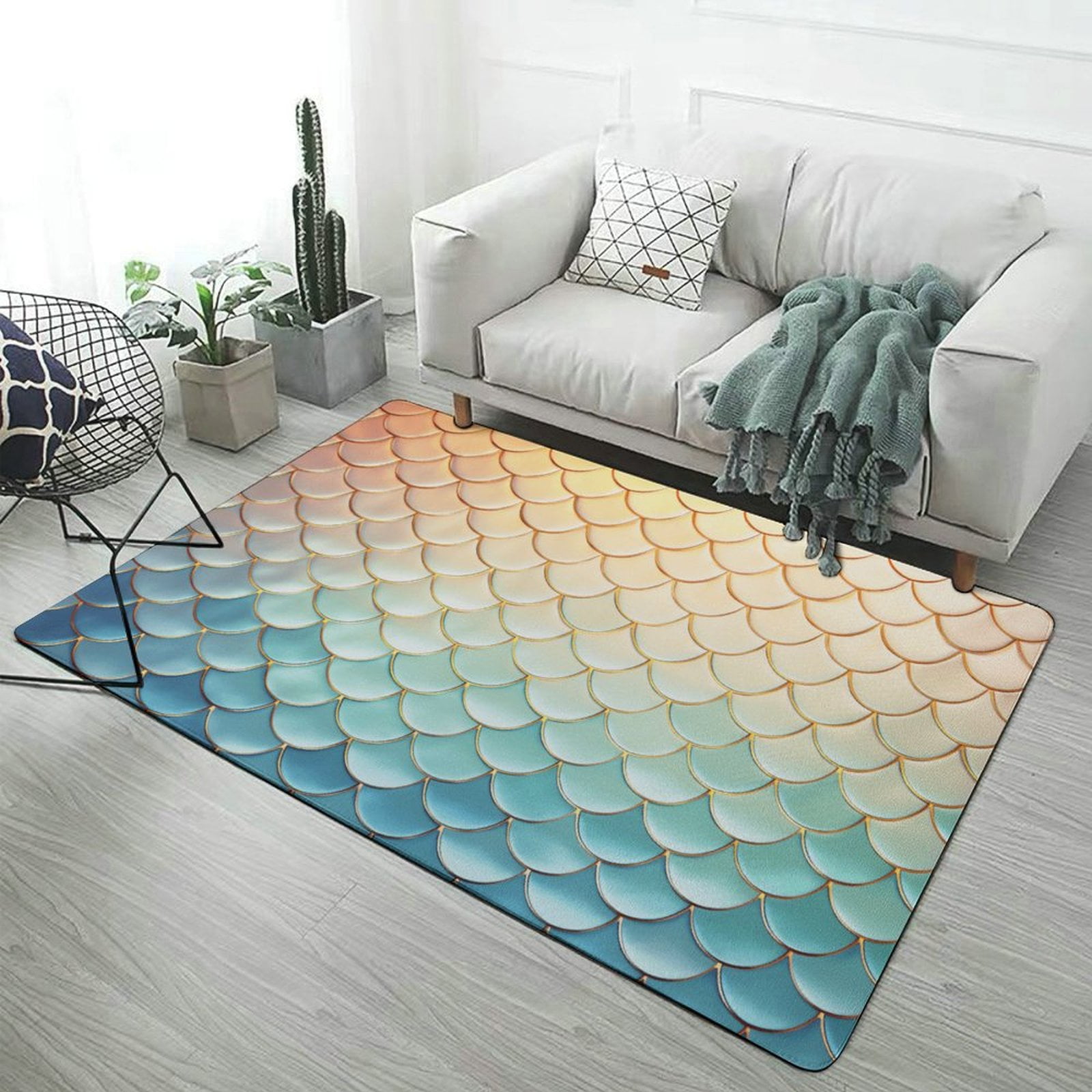 Colorful Gradient Fish Scale Texture Mermaid Area Rugs Carpet Suitable ...
