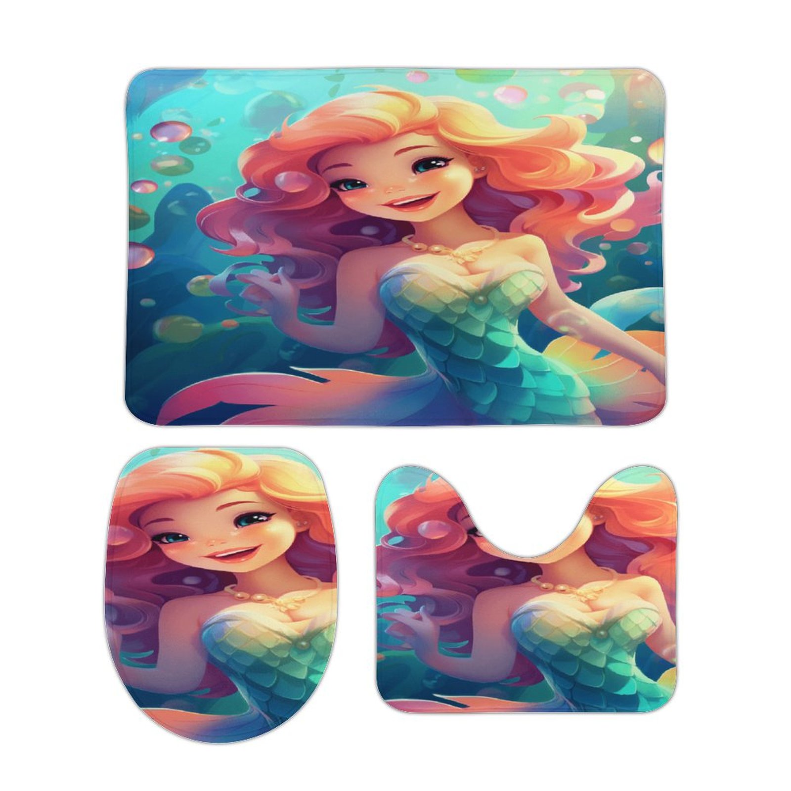 Colorful Gradient Fish Scale Texture Mermaid Bathroom Mats Set 3-piece ...