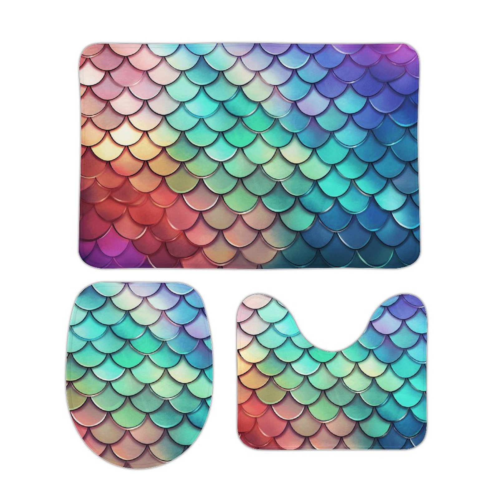 Colorful Gradient Fish Scale Texture Mermaid Bathroom Mats Set 3-piece ...