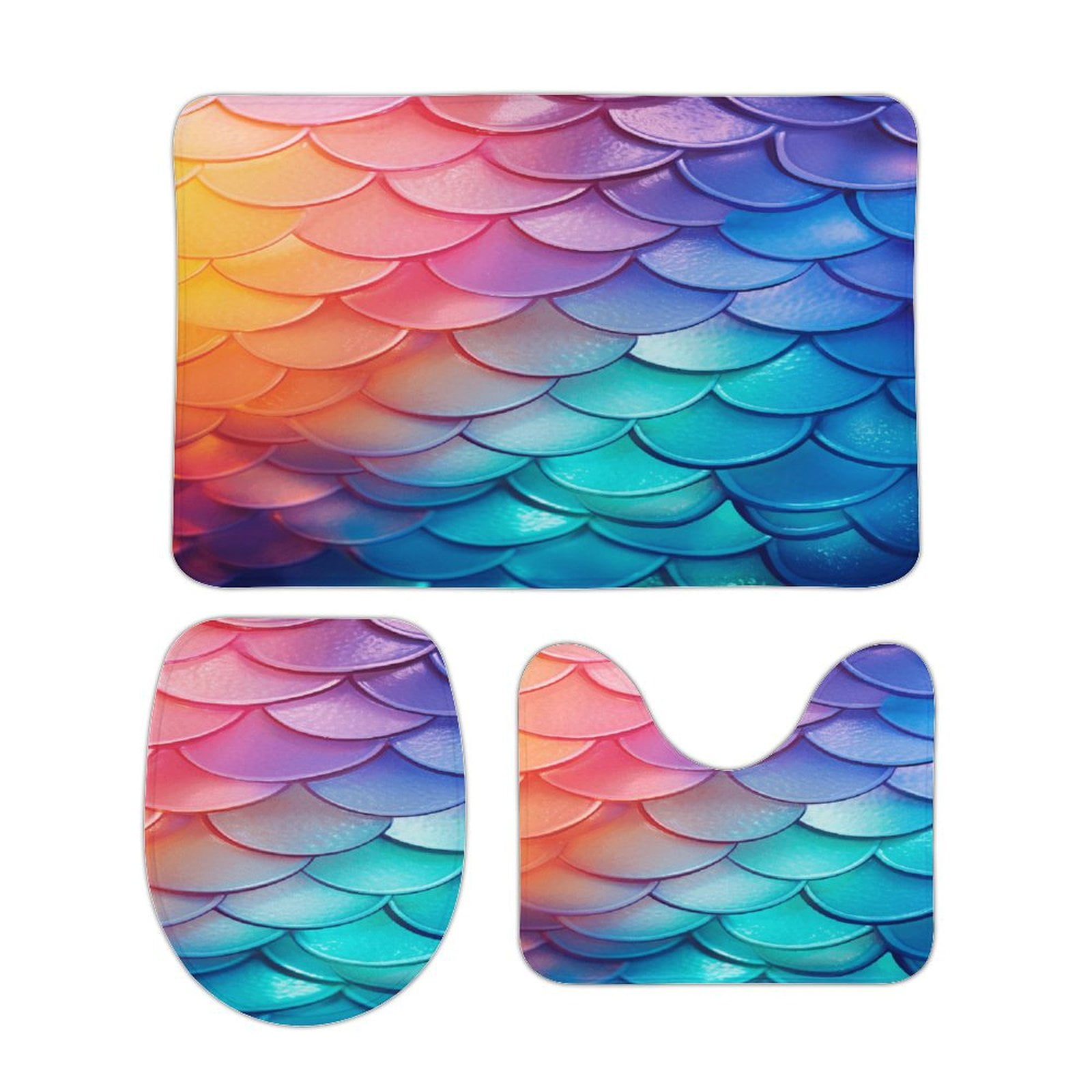 Colorful Gradient Fish Scale Texture Mermaid Bathroom Mats Set 3-piece ...