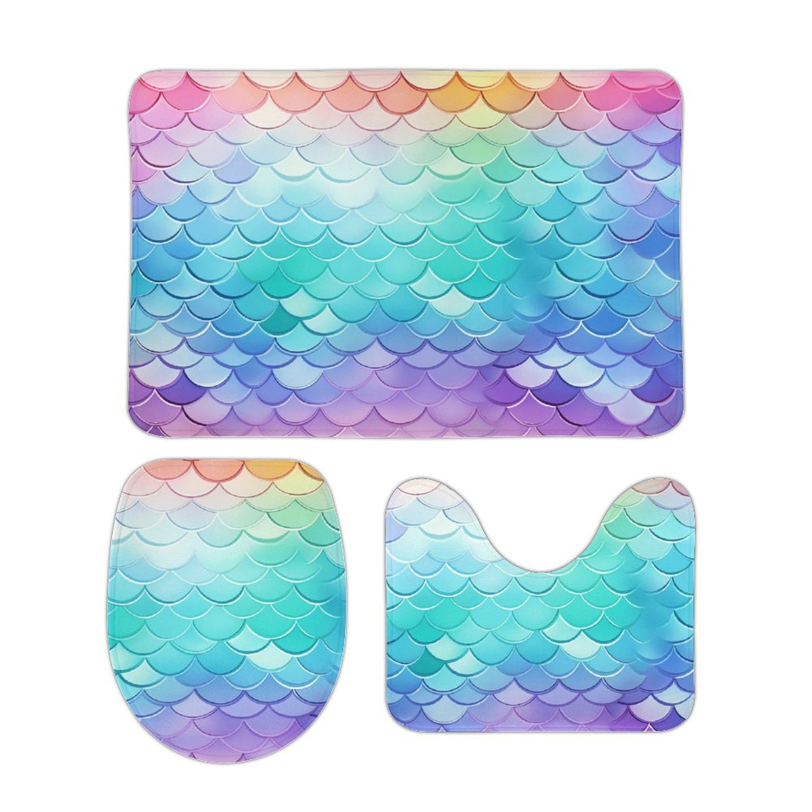 Colorful Gradient Fish Scale Texture Mermaid Bathroom Rugs Set 3 Piece ...
