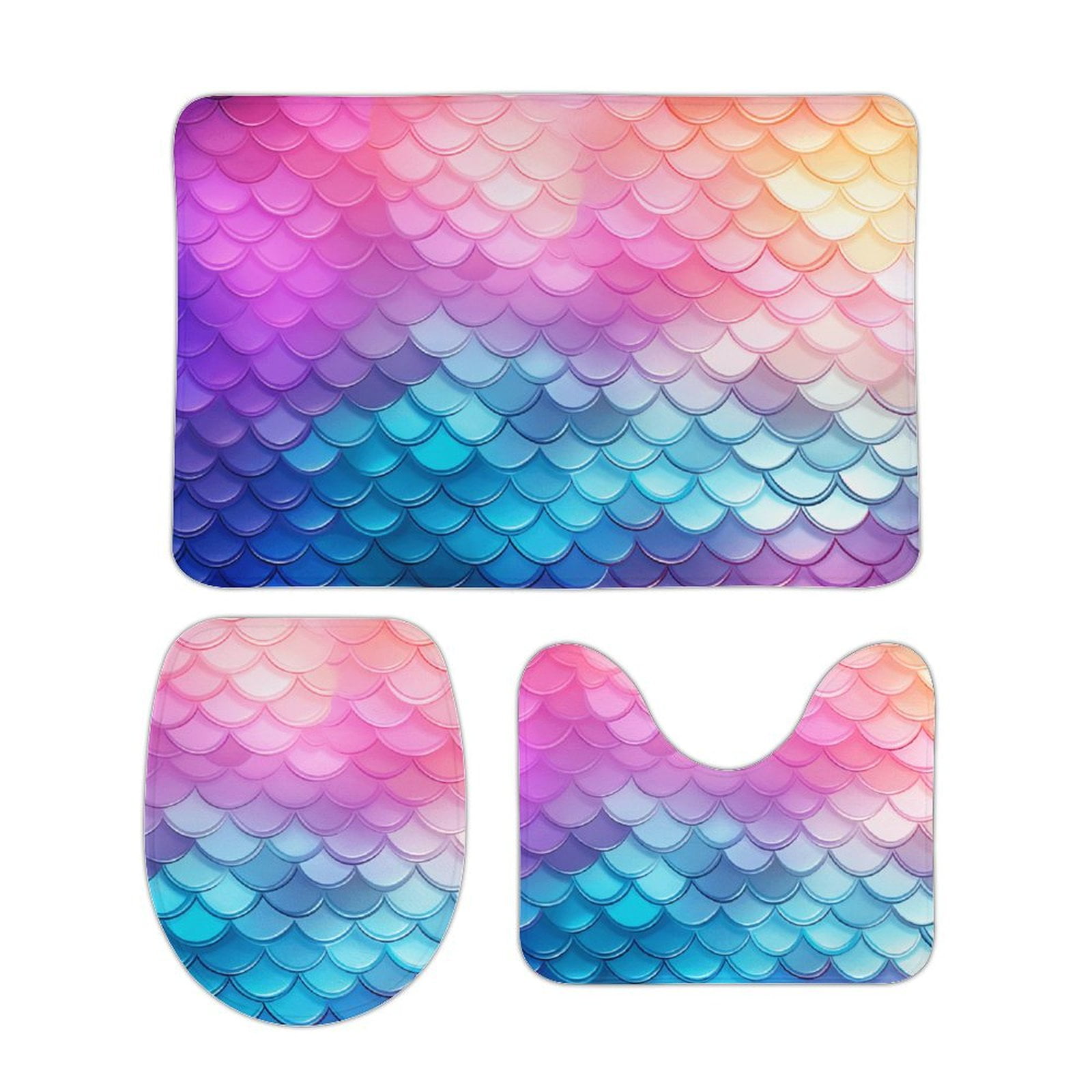 Colorful Gradient Fish Scale Texture Mermaid Bathroom Rugs Set 3 Piece ...