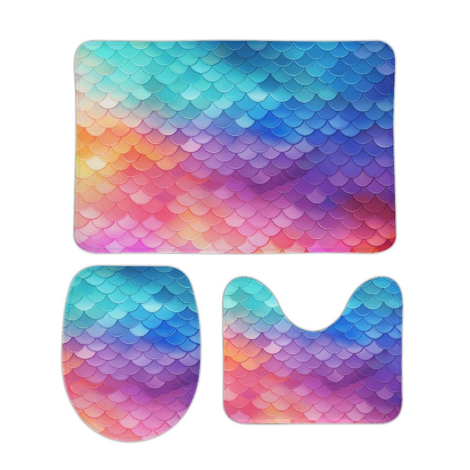 Colorful Gradient Fish Scale Texture Mermaid Bathroom Rugs Set 3 Piece ...