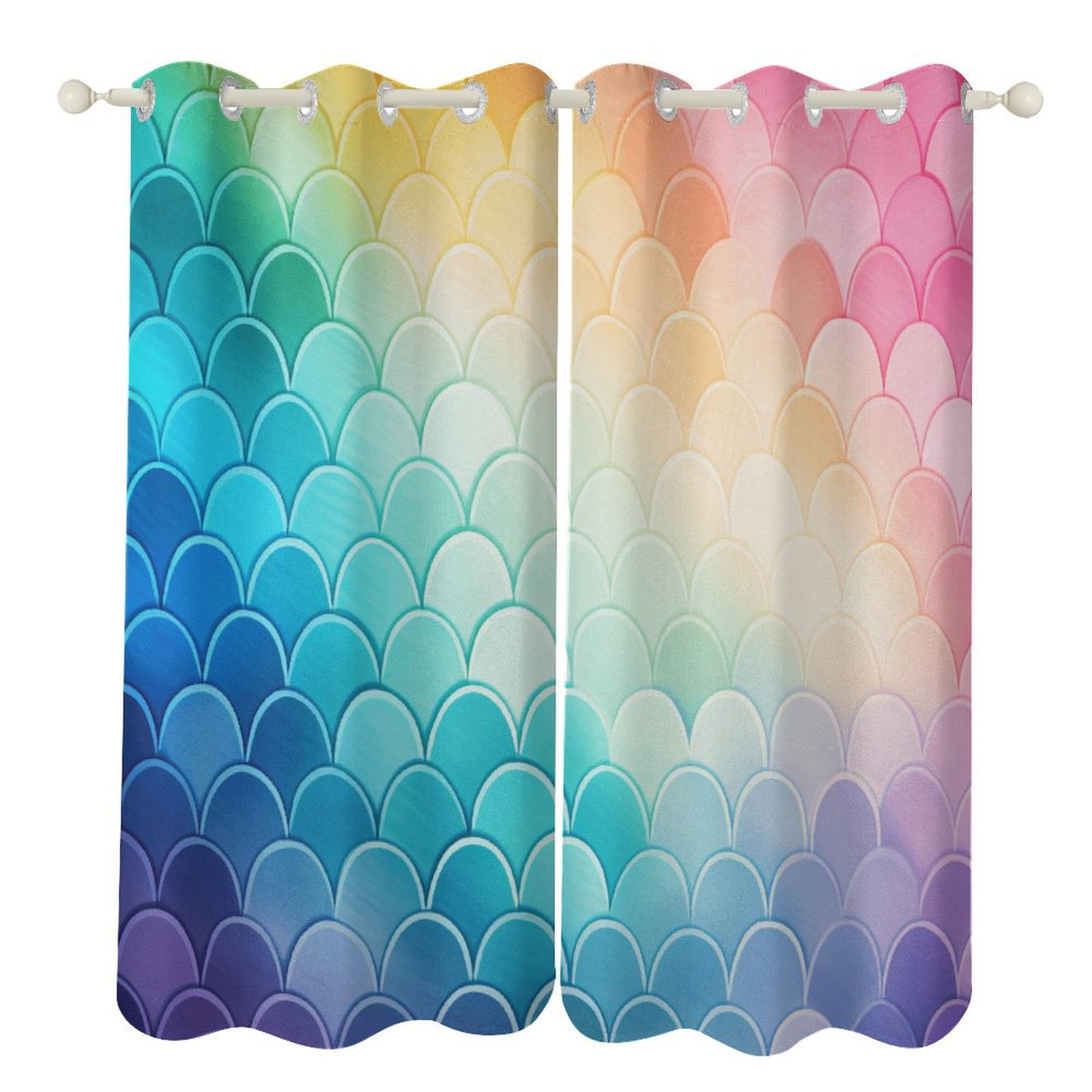Colorful Gradient Fish Scale Texture Mermaid Blackout Window Curtains ...