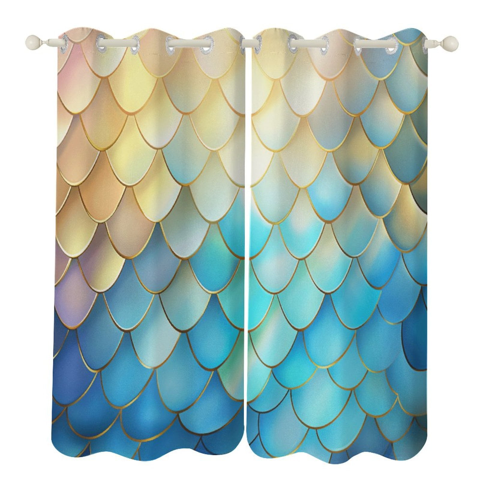 Colorful Gradient Fish Scale Texture Mermaid Blackout Window Curtains ...