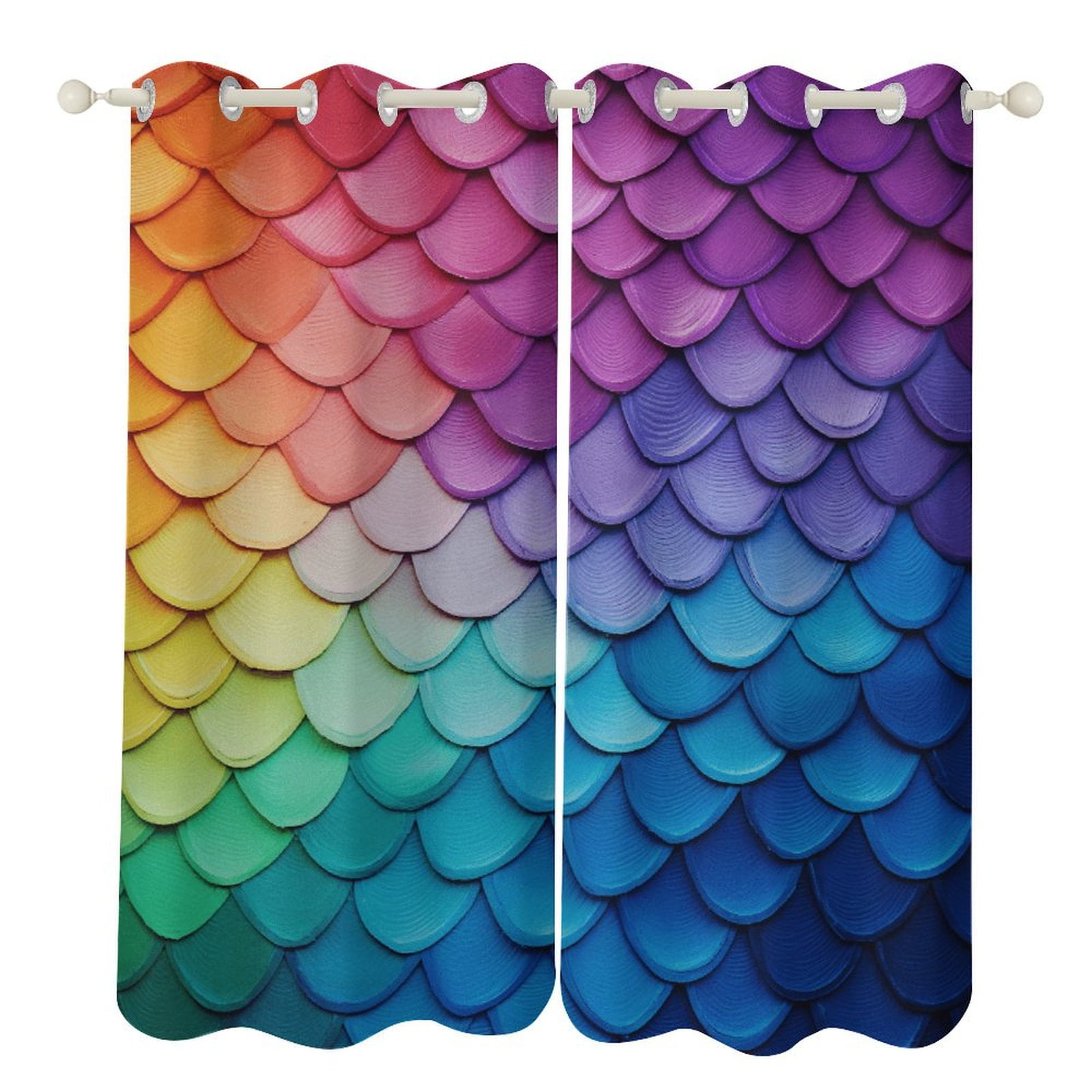 Colorful Gradient Fish Scale Texture Mermaid Blackout Window Curtains ...