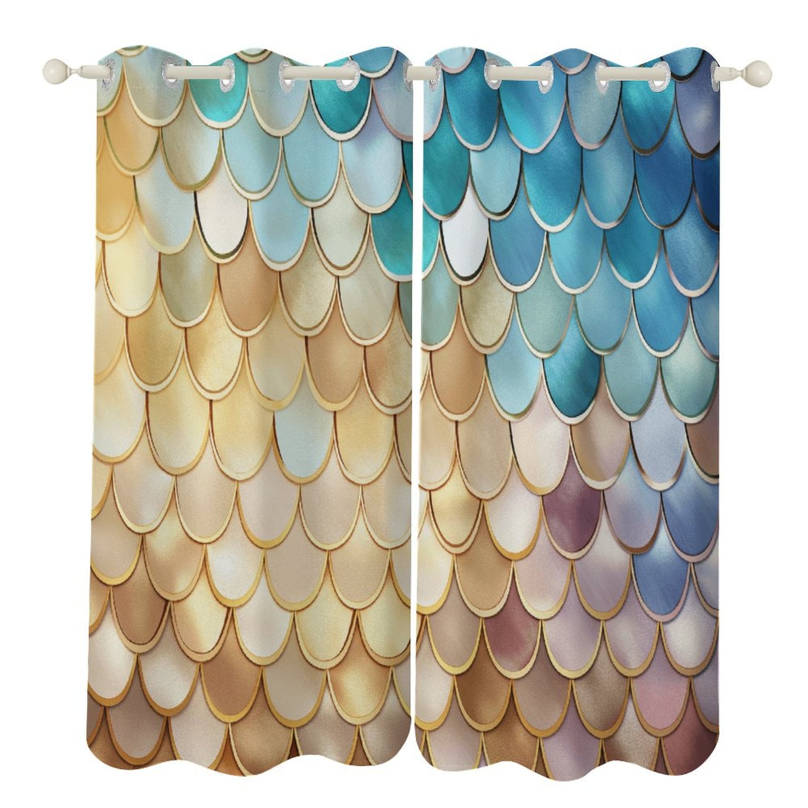 Colorful Gradient Fish Scale Texture Mermaid Blackout Window Curtains ...