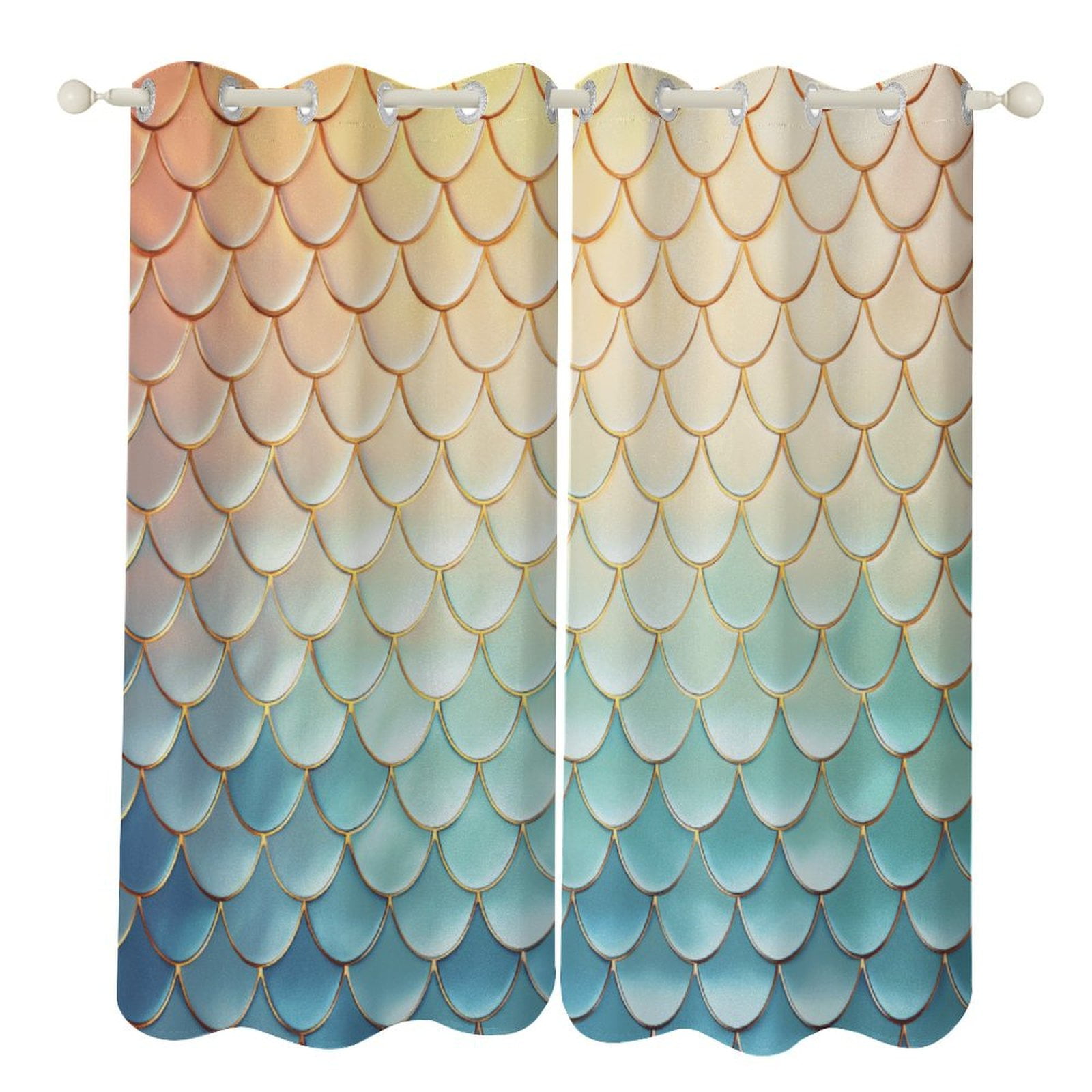 Colorful Gradient Fish Scale Texture Mermaid Blackout Window Curtains ...