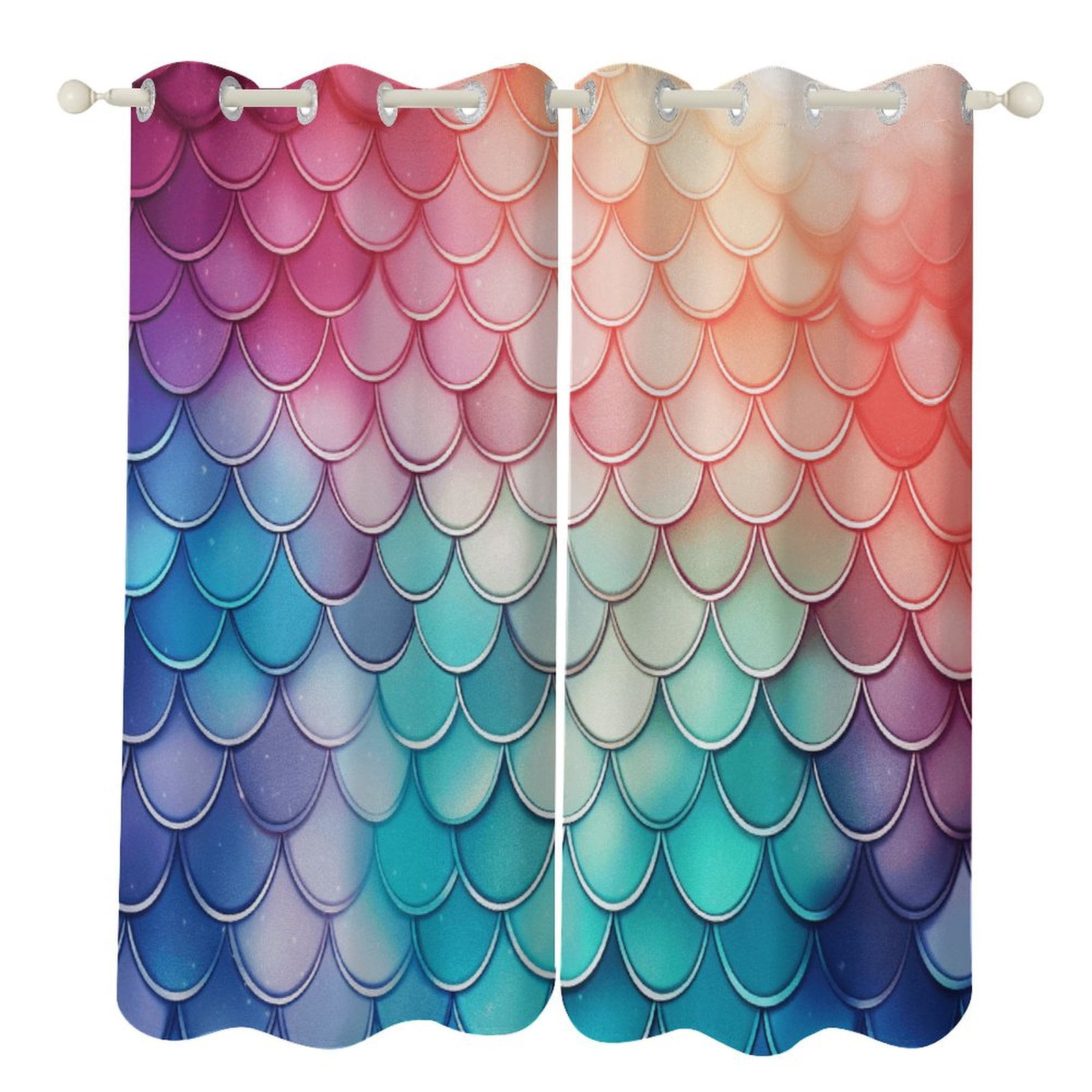 Colorful Gradient Fish Scale Texture Mermaid Blackout Window Curtains ...