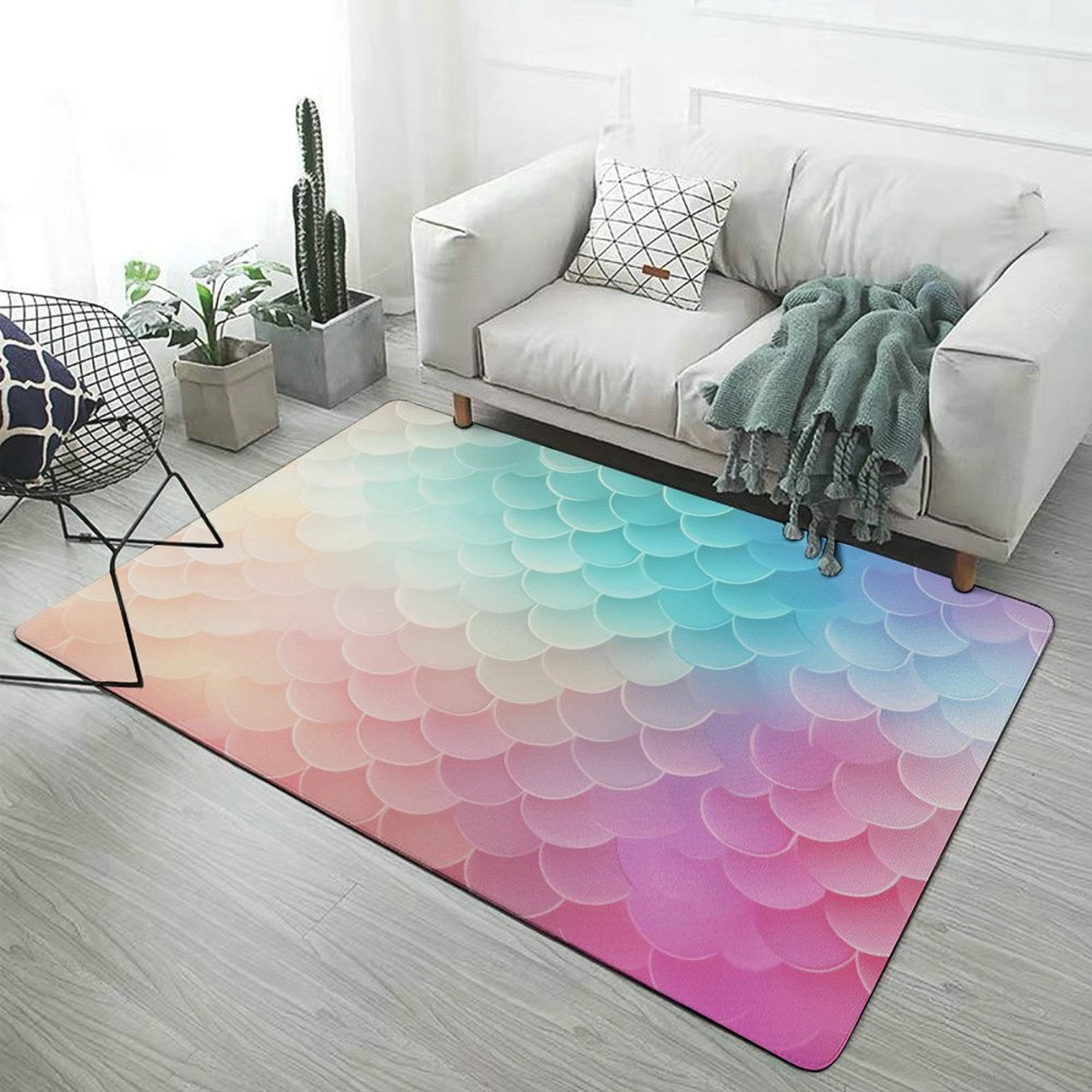 Colorful Gradient Fish Scale Texture Mermaid Carpet for Home Decoration ...