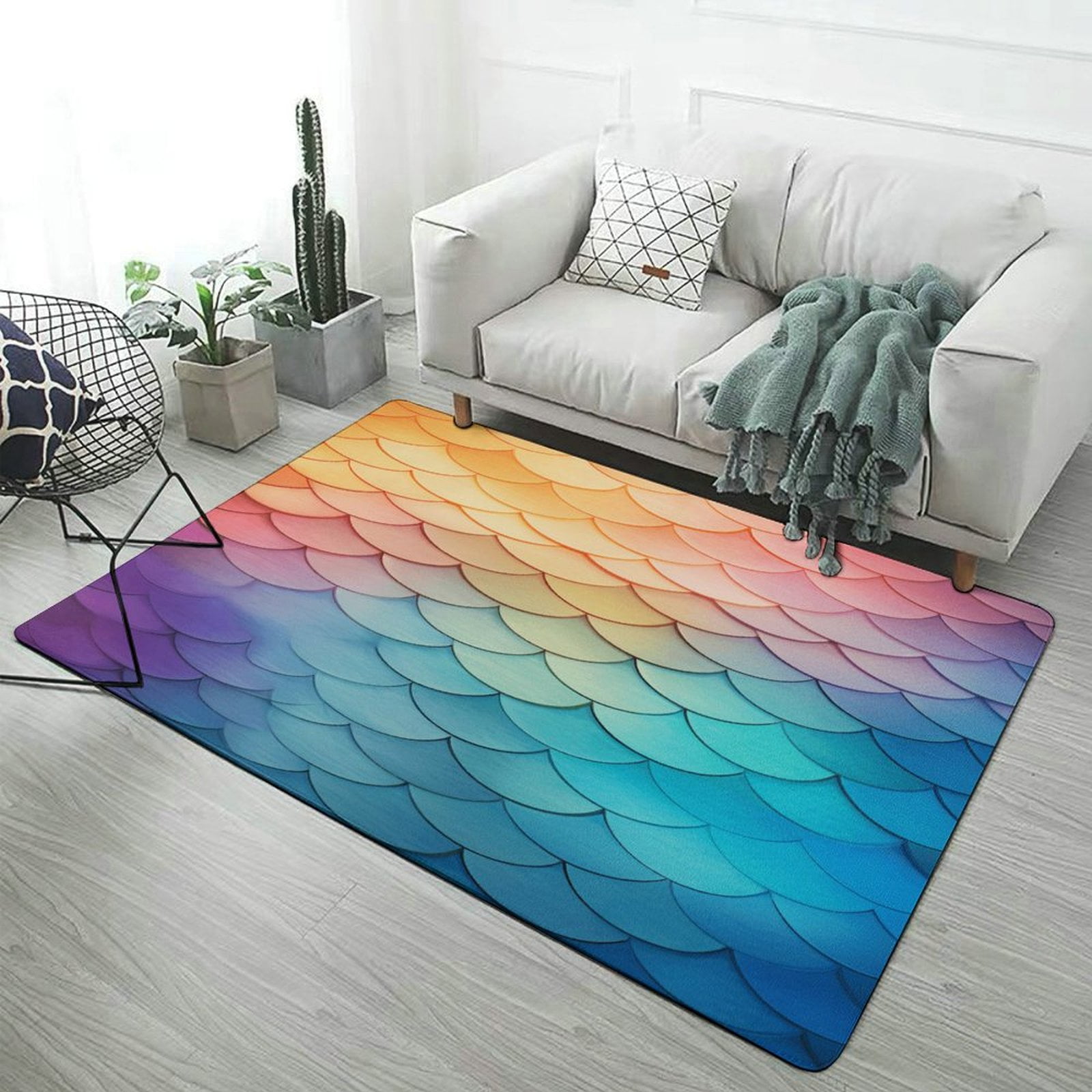 Colorful Gradient Fish Scale Texture Mermaid Carpet for Home Decoration ...