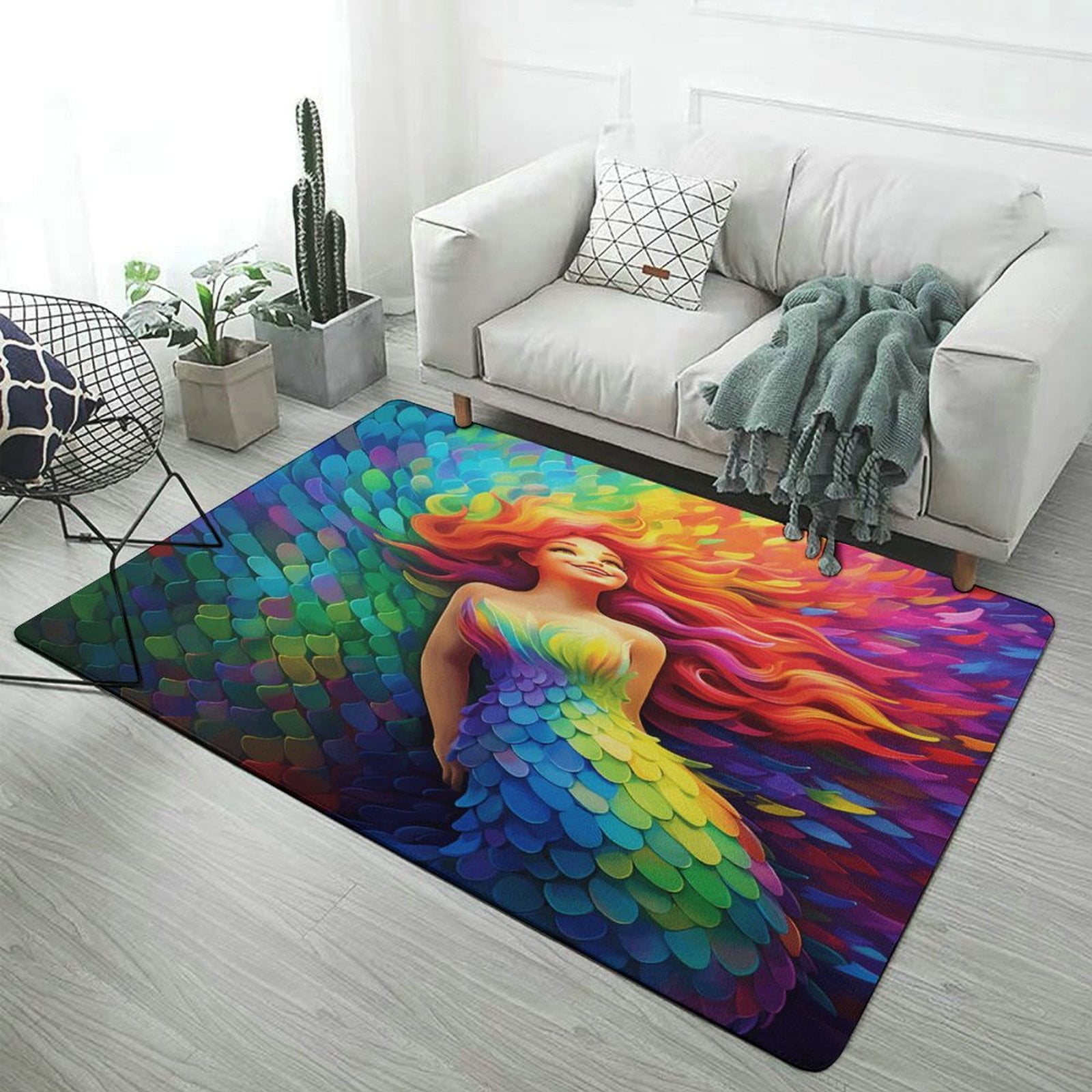 Colorful Gradient Fish Scale Texture Mermaid Carpet for Home Decoration ...