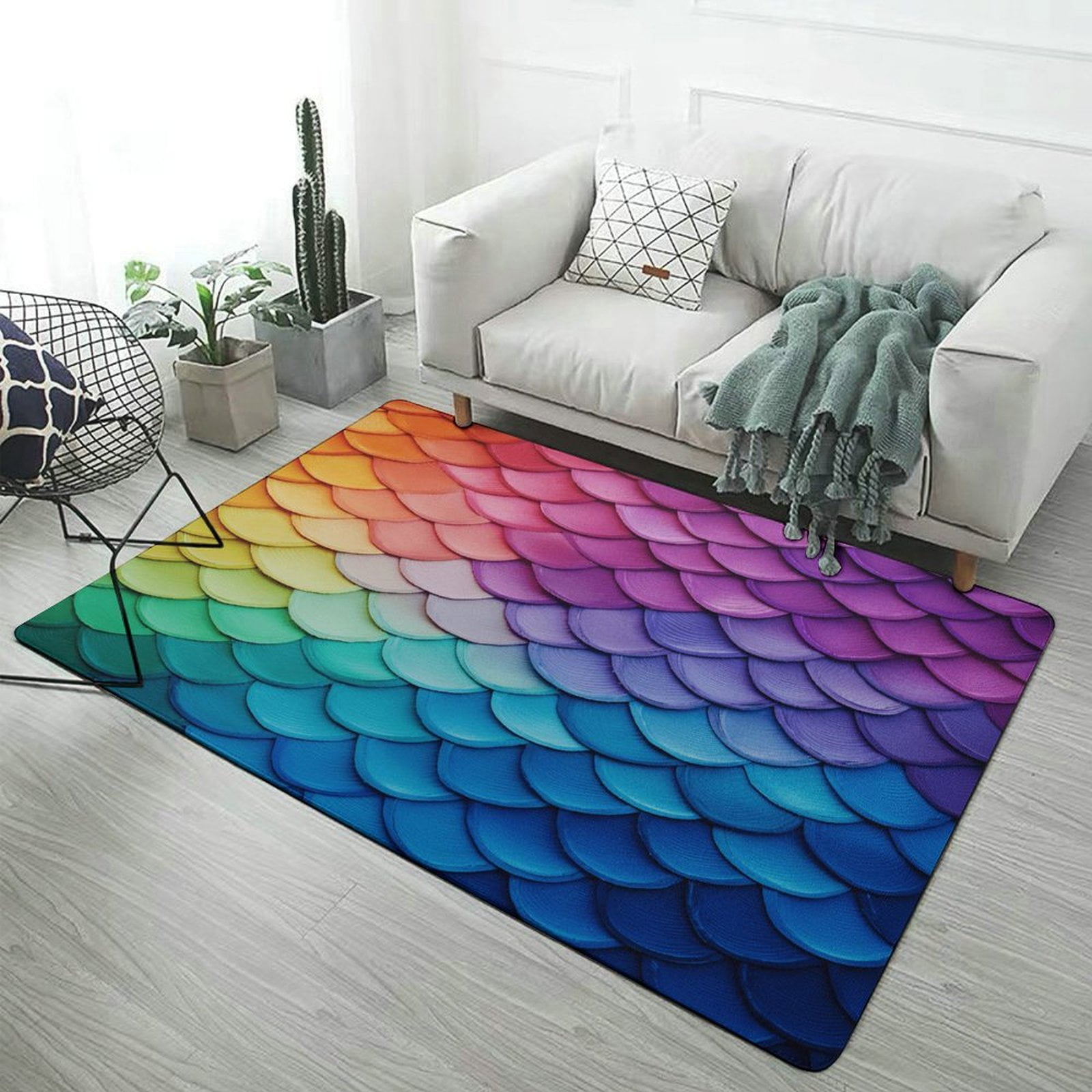Colorful Gradient Fish Scale Texture Mermaid Carpet for Home Decoration ...