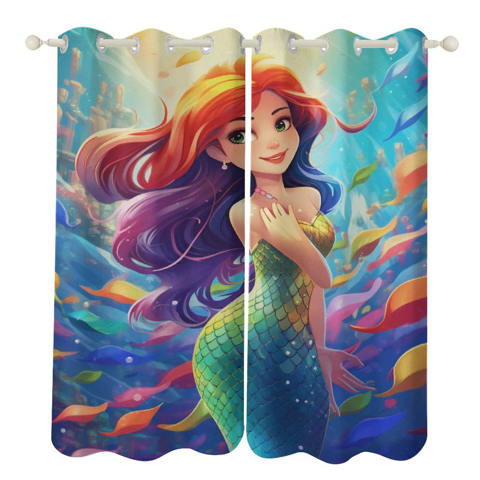 Colorful Gradient Fish Scale Texture Mermaid Curtains Watercolor Theme ...