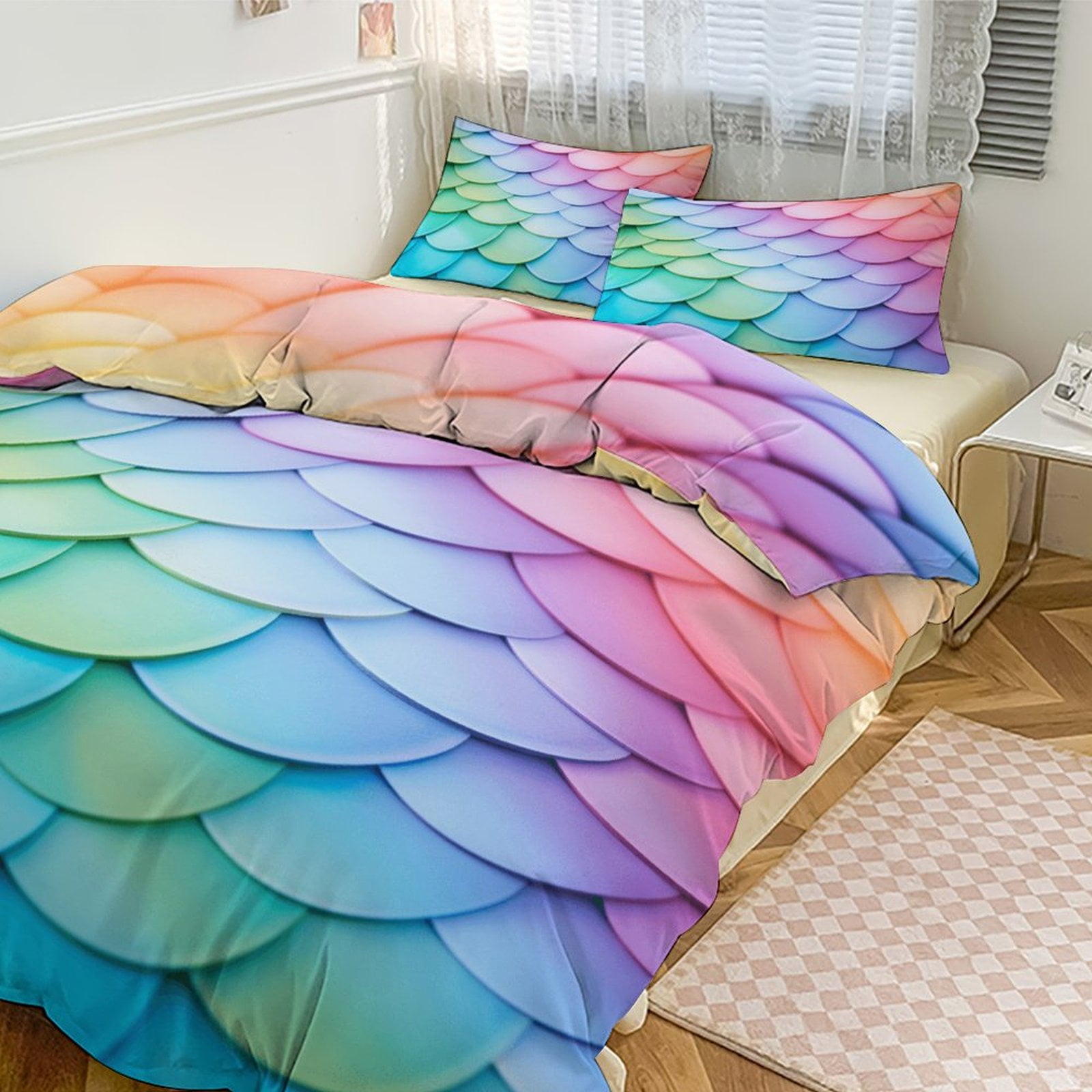 Colorful Gradient Fish Scale Texture Mermaid Duvet Cover Set Bedding ...