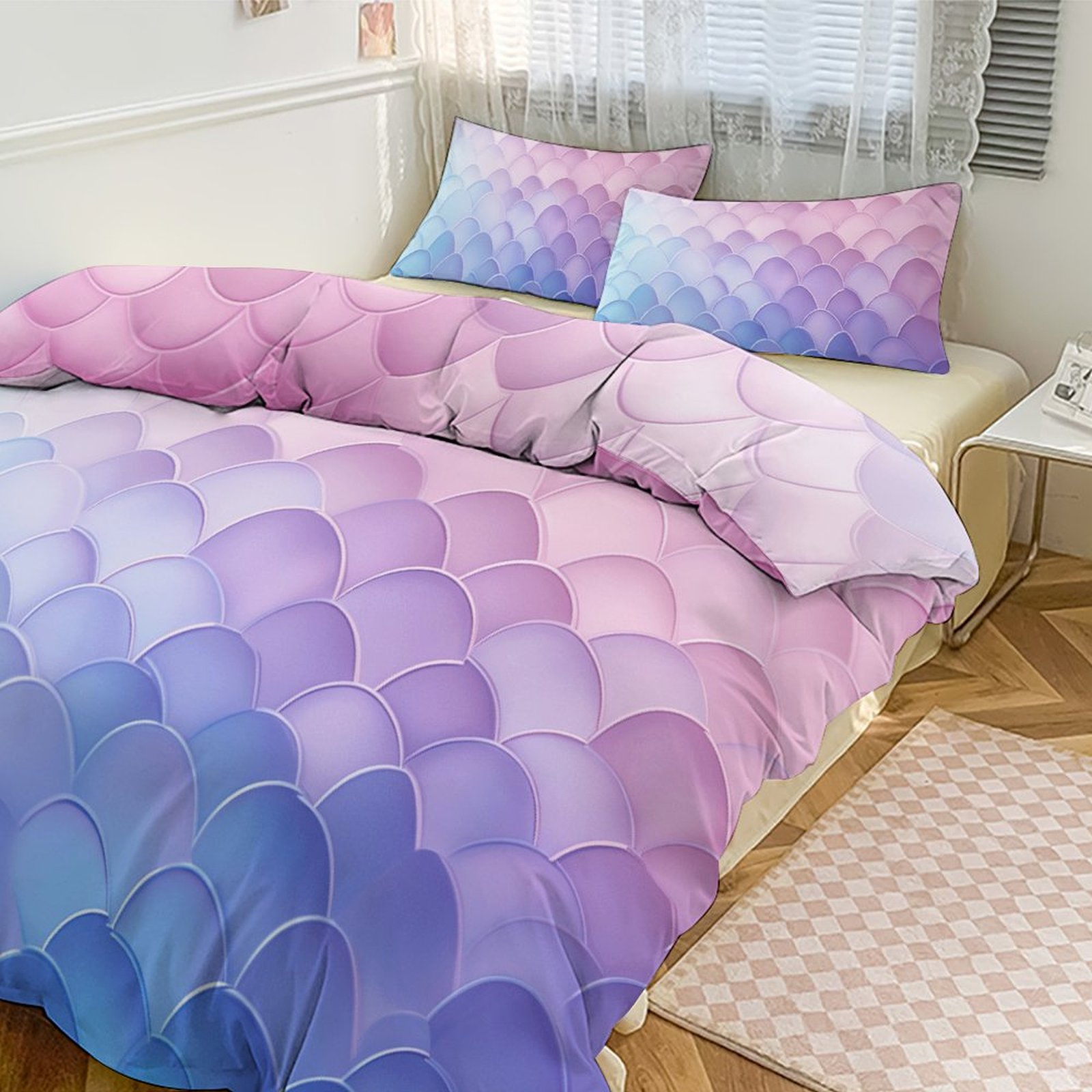 Colorful Gradient Fish Scale Texture Mermaid Duvet Cover Set Themed ...