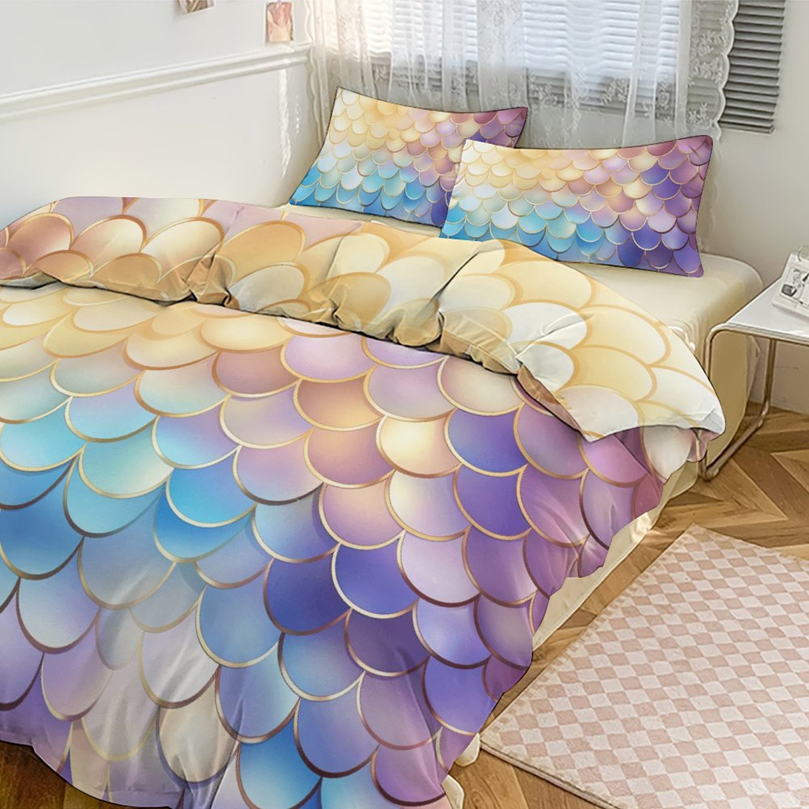 Colorful Gradient Fish Scale Texture Mermaid Duvet Cover Set Themed ...
