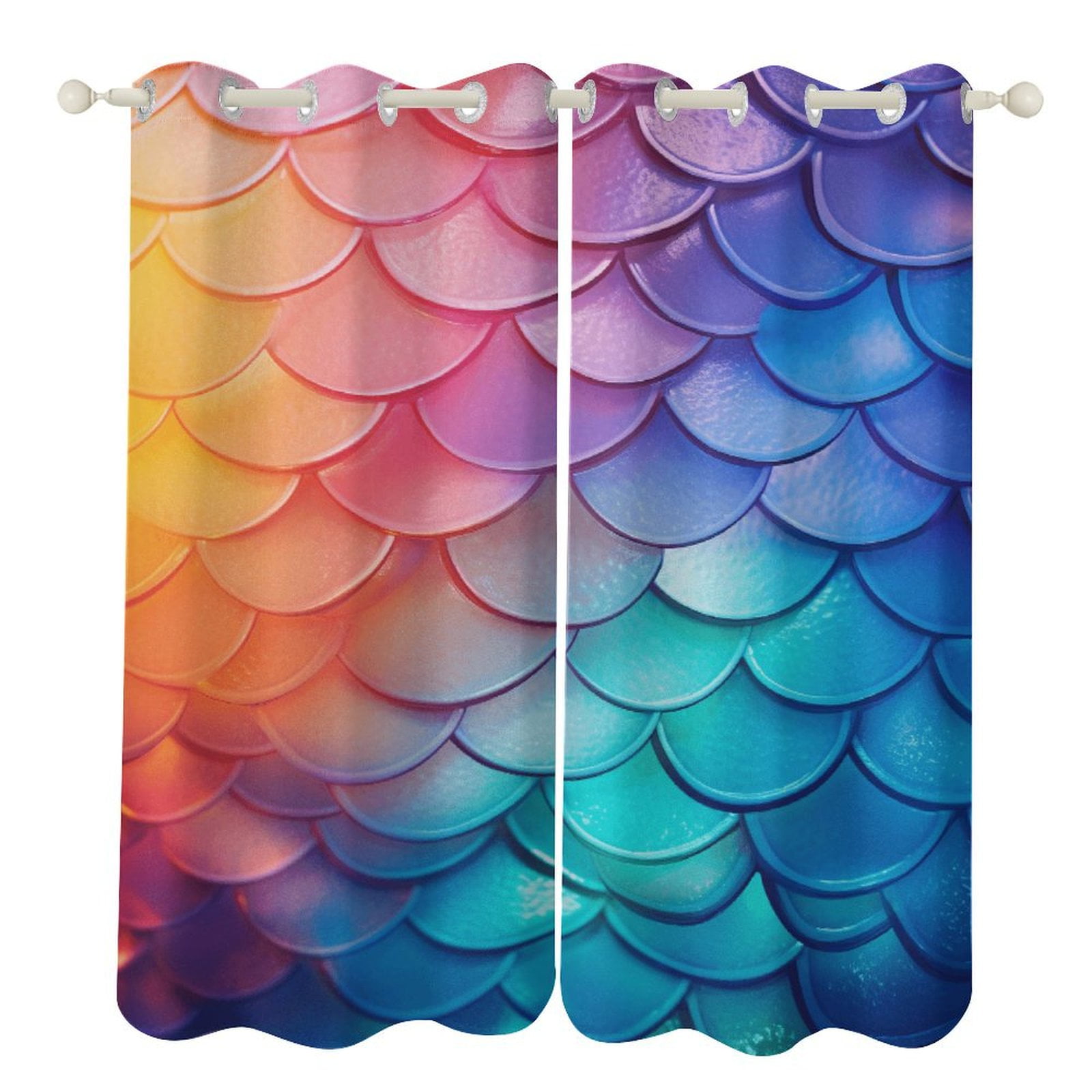 Colorful Gradient Fish Scale Texture Mermaid Luxury Window Curtains Blinds for Living Room Kids ...