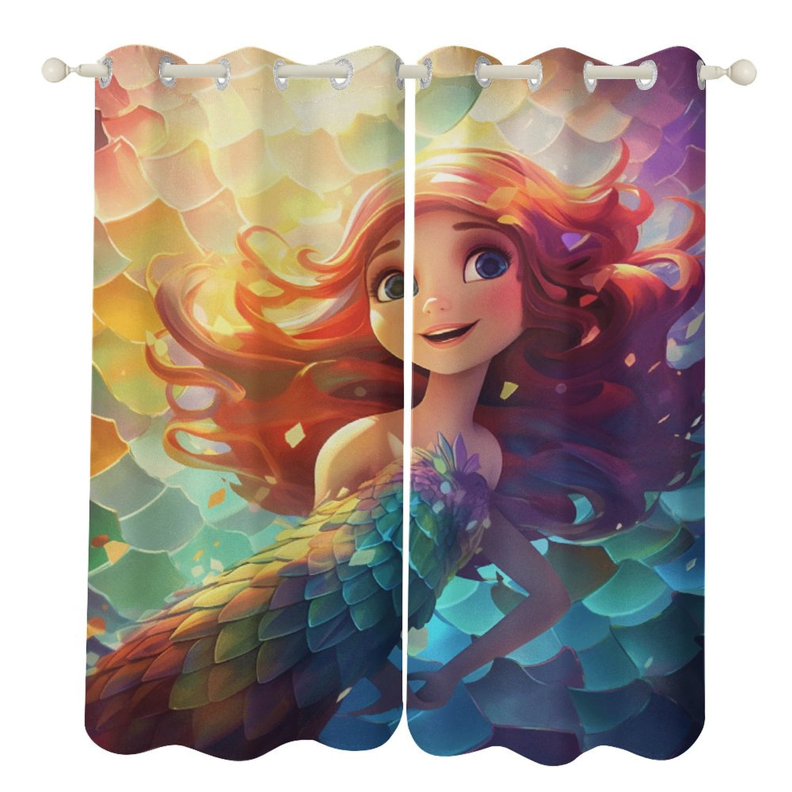 Colorful Gradient Fish Scale Texture Mermaid Window Curtains for ...