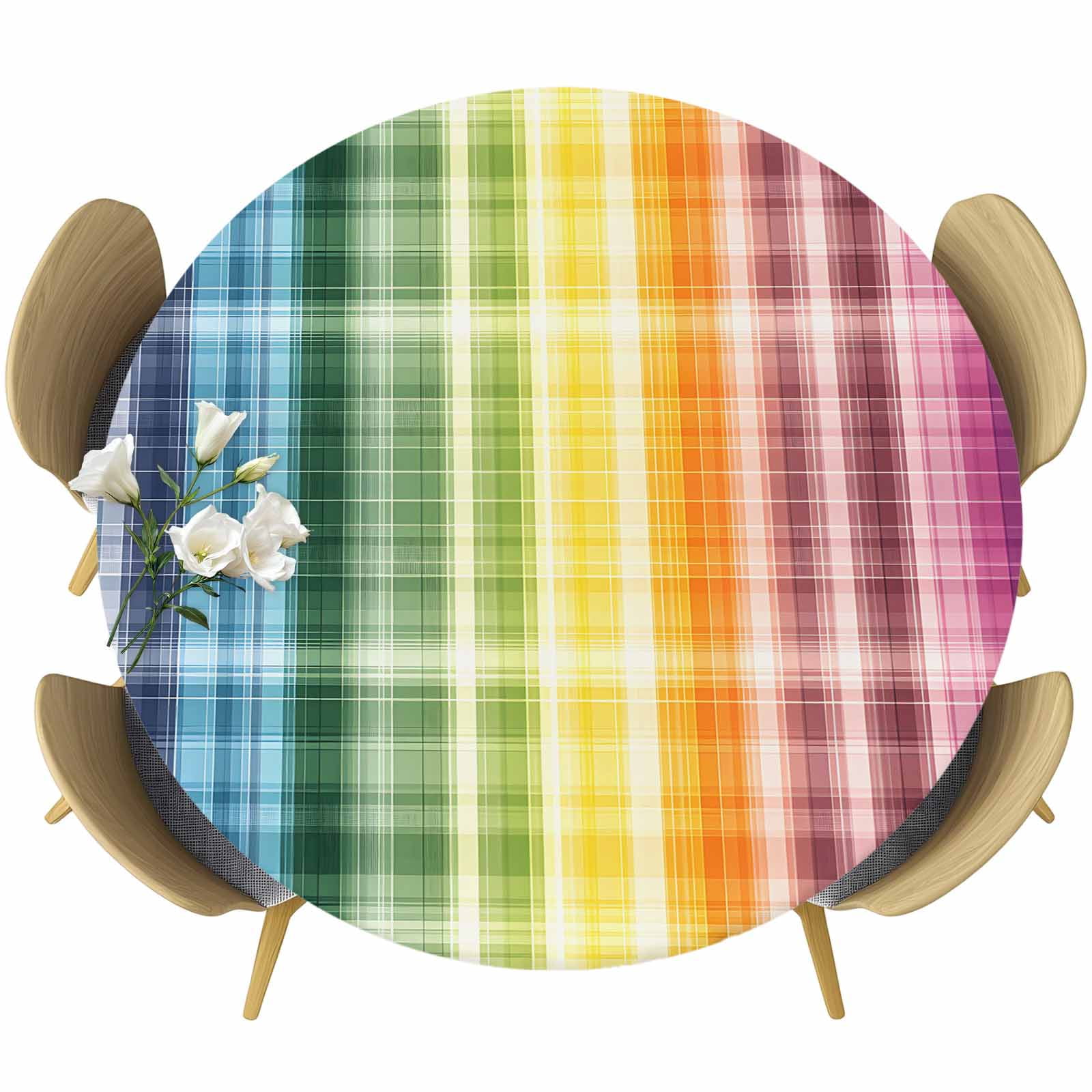 Colorful Gradient Plaid Round Tablecloth 36-44 Inch Round Fitted Table ...