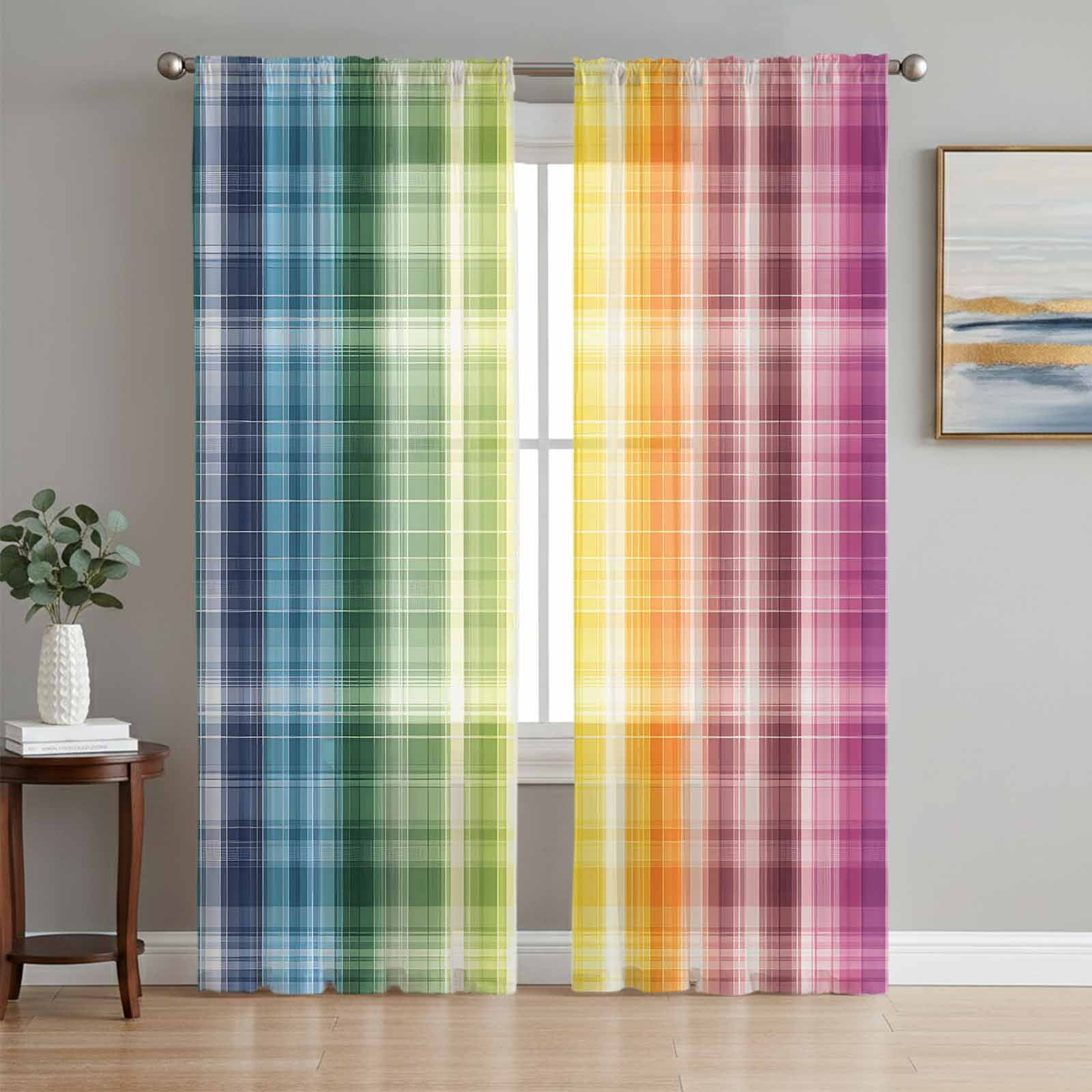 Colorful Gradient Plaid Sheer Curtains 84 Inch Length 2 Panels Set ...