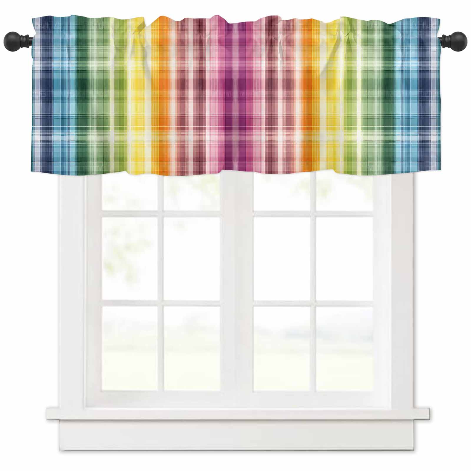 Colorful Gradient Plaid Valances for Windows Farmhouse Kitchen Curtains ...