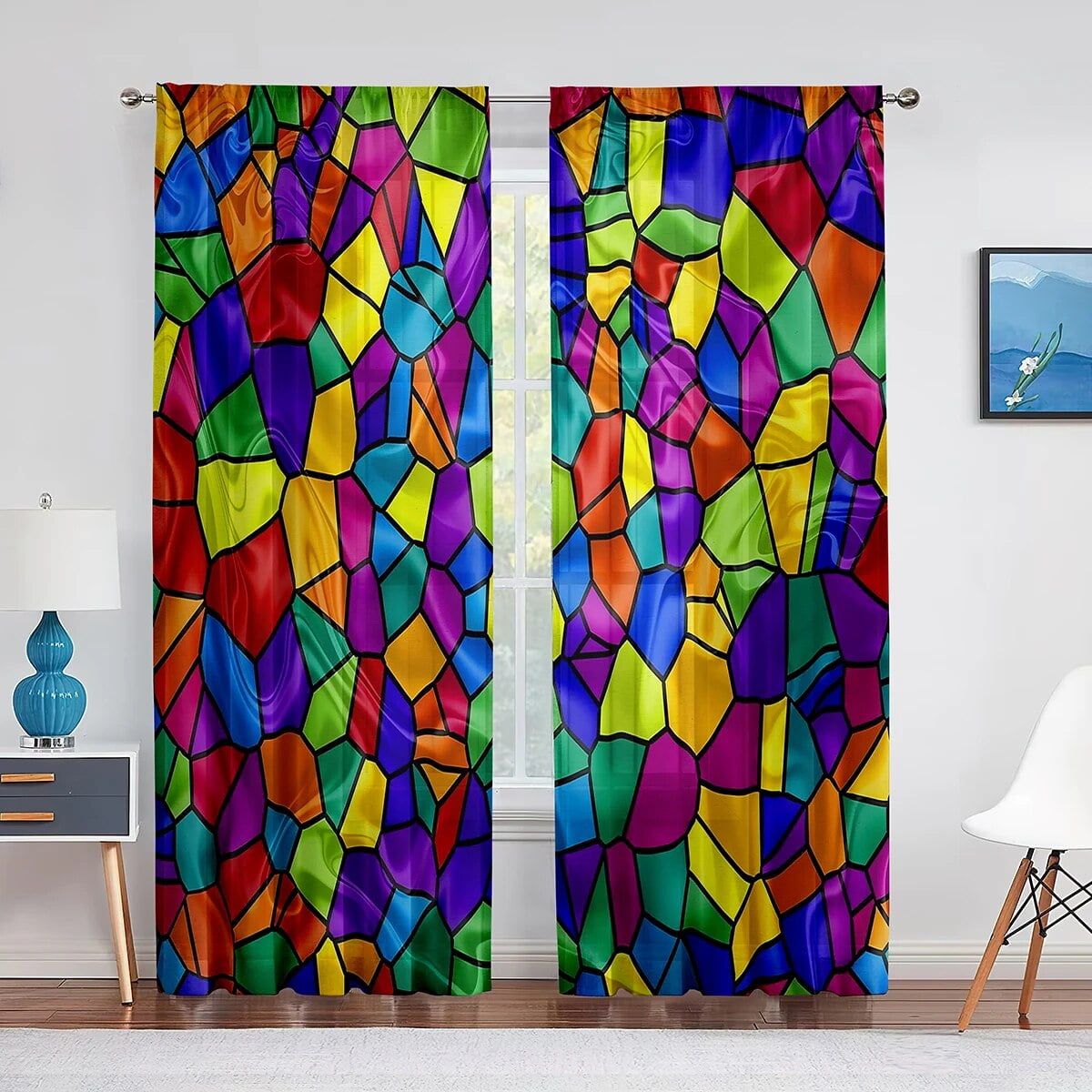 Colorful Gradient Sheer Voile Curtain Triangle Geometric Window Tulle ...